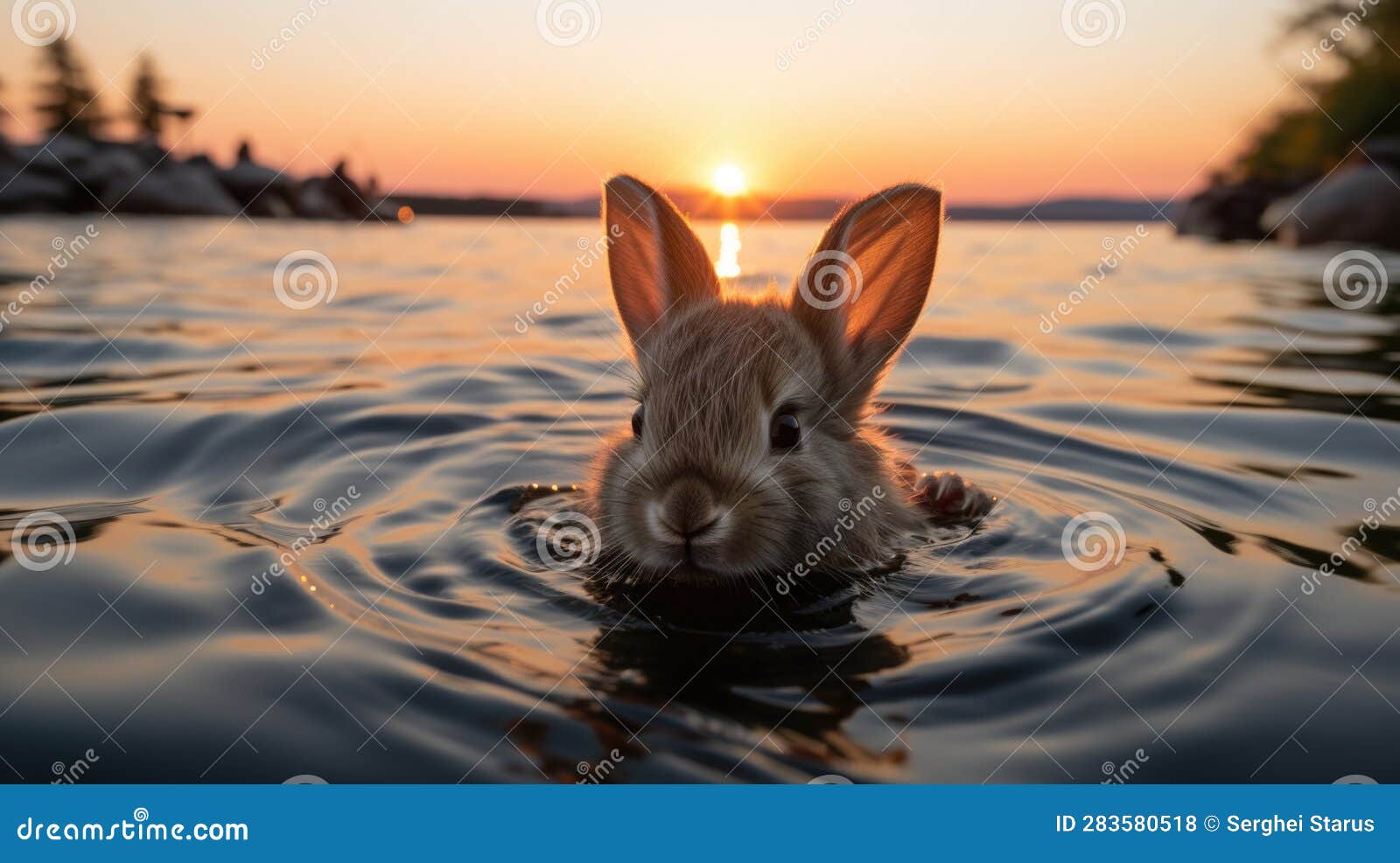 A Rabbit Swimming in the Water at Sunset. Generative AI Image. Stock ...