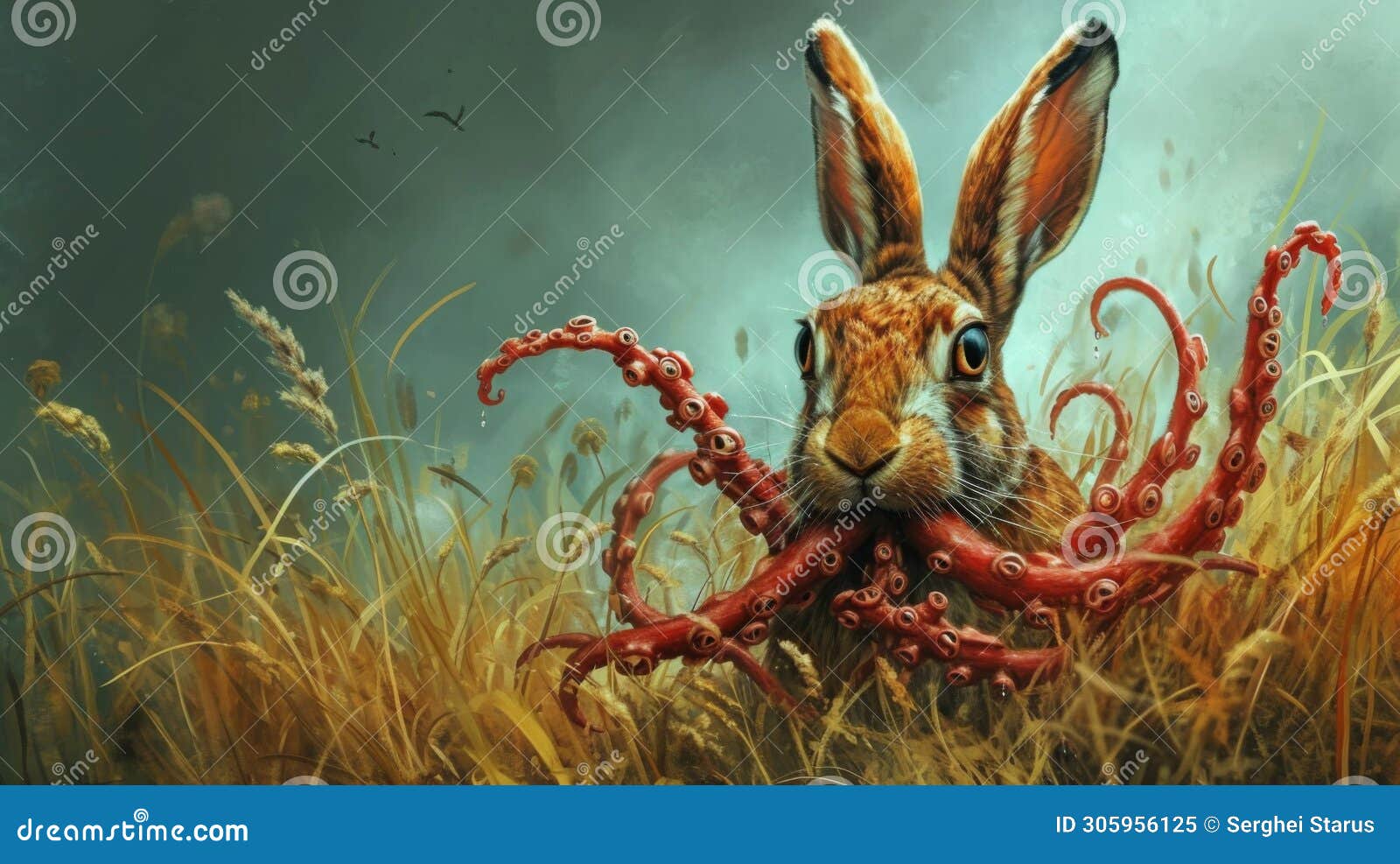 A Rabbit with Tentacles in the Grass Eating a Plant, AI Stock ...