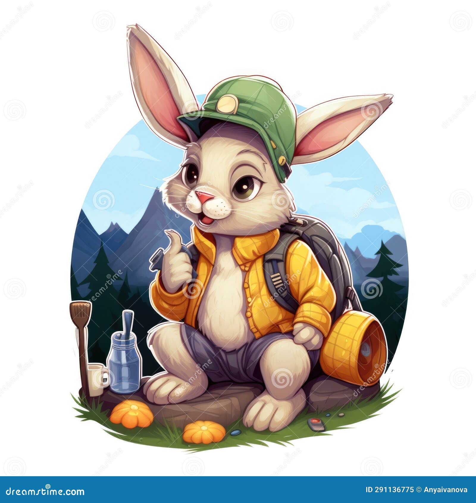 A Rabbit Traveler with a Backpack in the Mountains. Stock Illustration ...