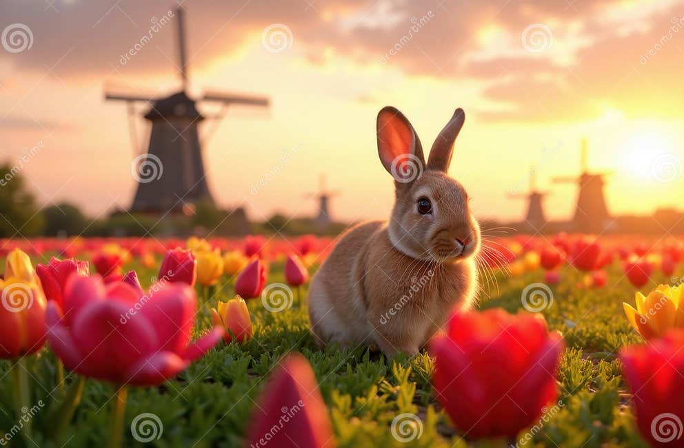 A Rabbit in a Tulipfield with Windmill at 30-12-2024 Stock Illustration ...