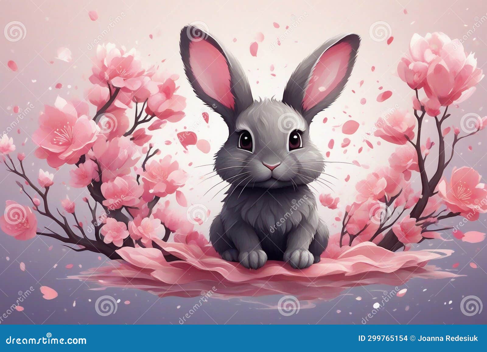 Rabbit in Turning Pink Flowers Artwork for Spring or Easter Stock Photo ...