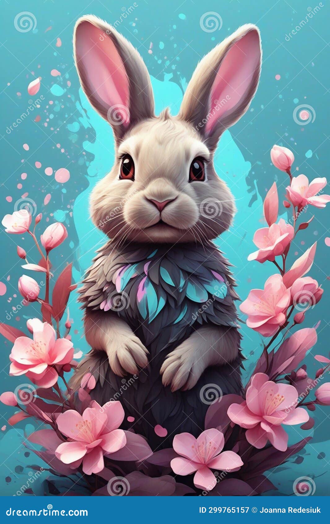 Rabbit in Turning Pink Flowers Artwork for Spring or Easter Stock Image ...