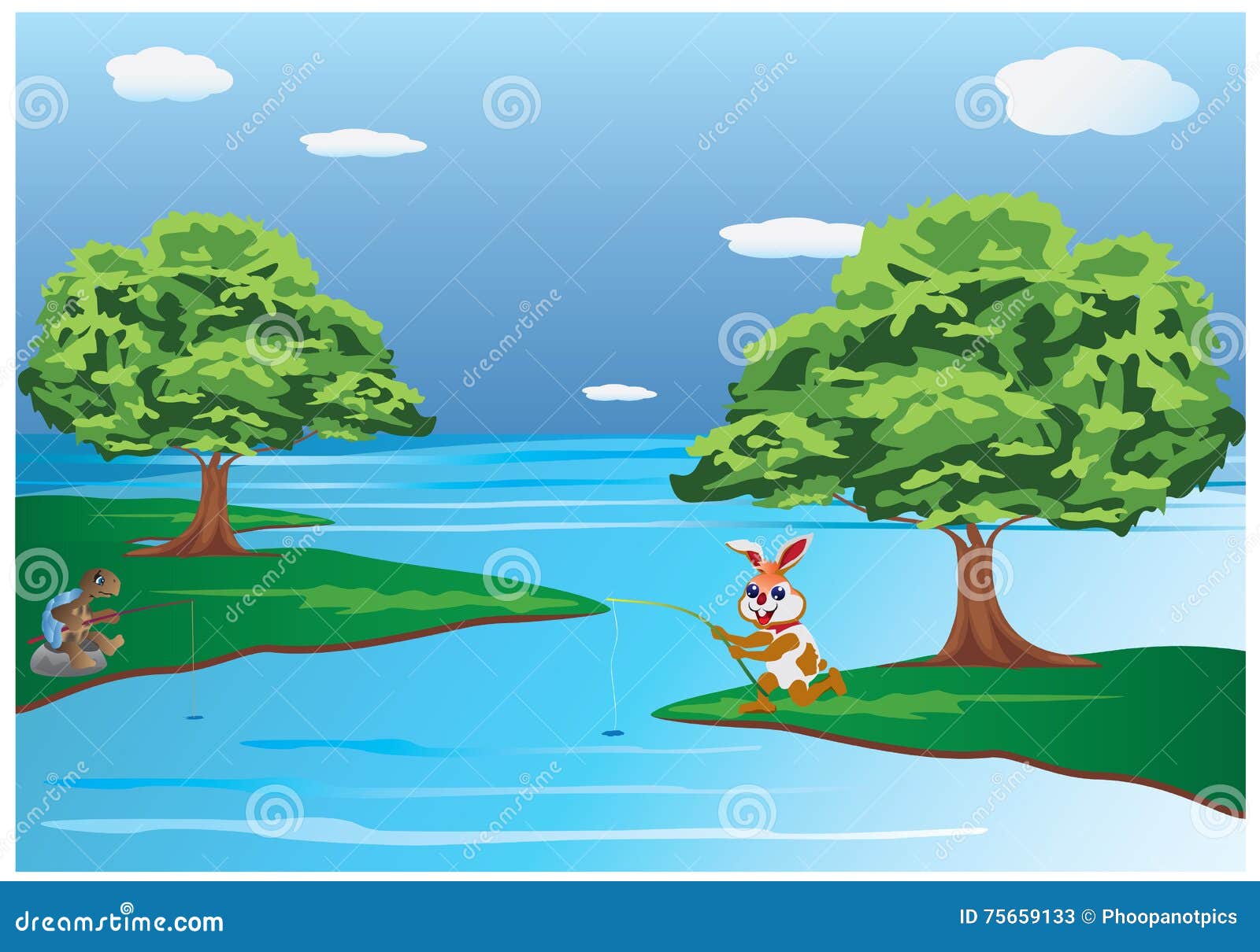 Rabbit and turtle stock illustration. Illustration of river - 75659133