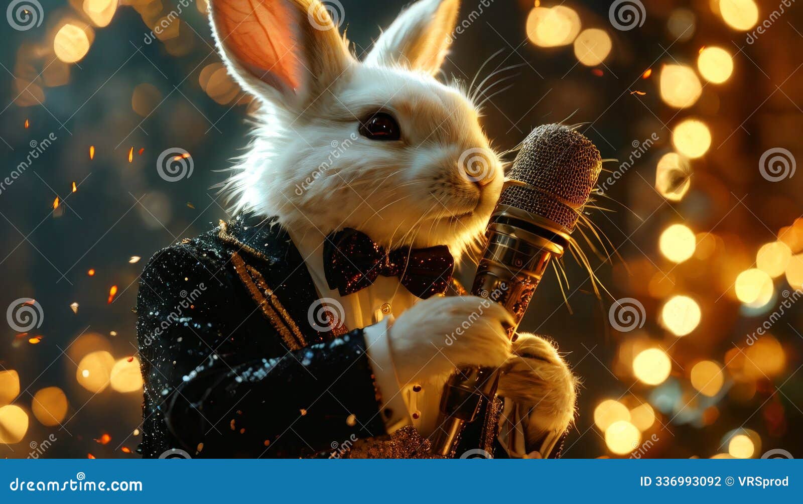 Rabbit in a Tuxedo Holding a Microphone, Performing on Stage Stock ...