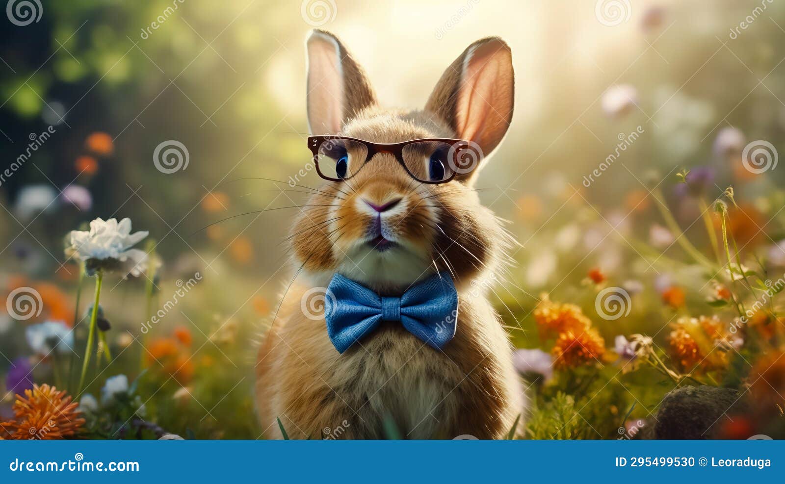 Rabbit Wearing Glasses and Bow Tie Standing in Field of Flowers Stock ...