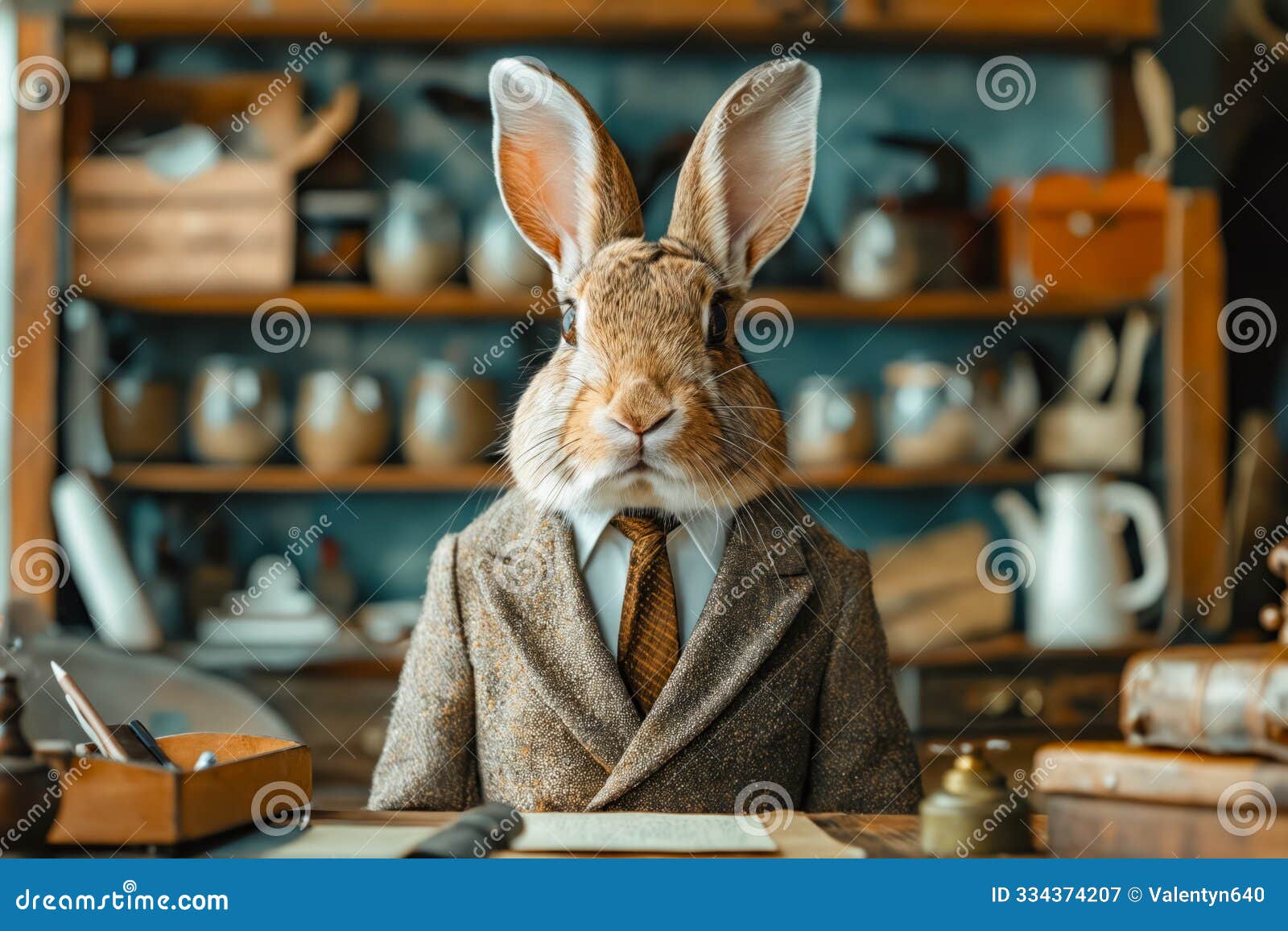 A Rabbit Wearing a Suit Sitting at a Desk in a Room Stock Image - Image ...