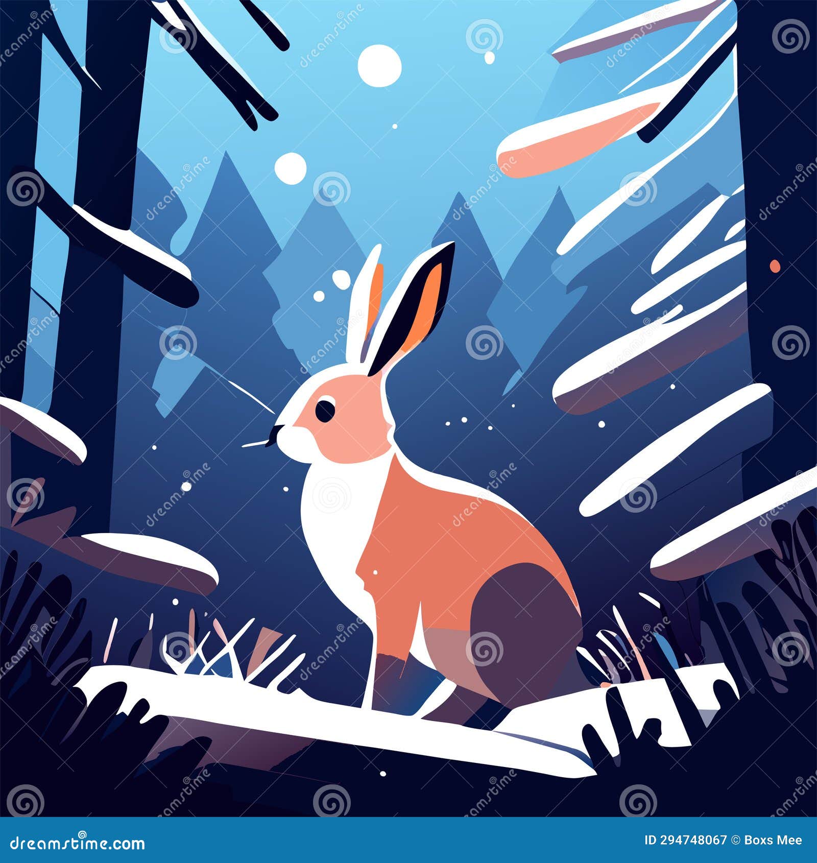 Rabbit in the Winter Forest. Vector Illustration in Flat Cartoon Style ...