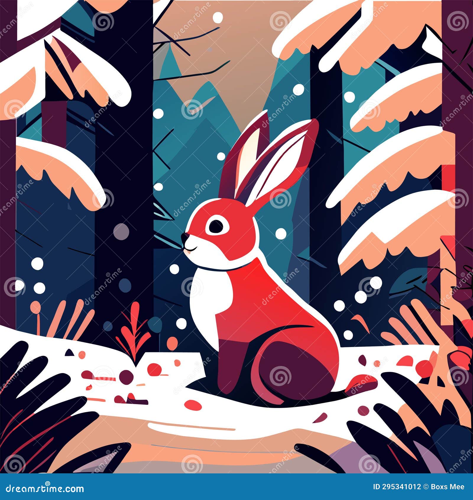 Rabbit in Winter Forest. Vector Illustration in Flat Cartoon Style ...