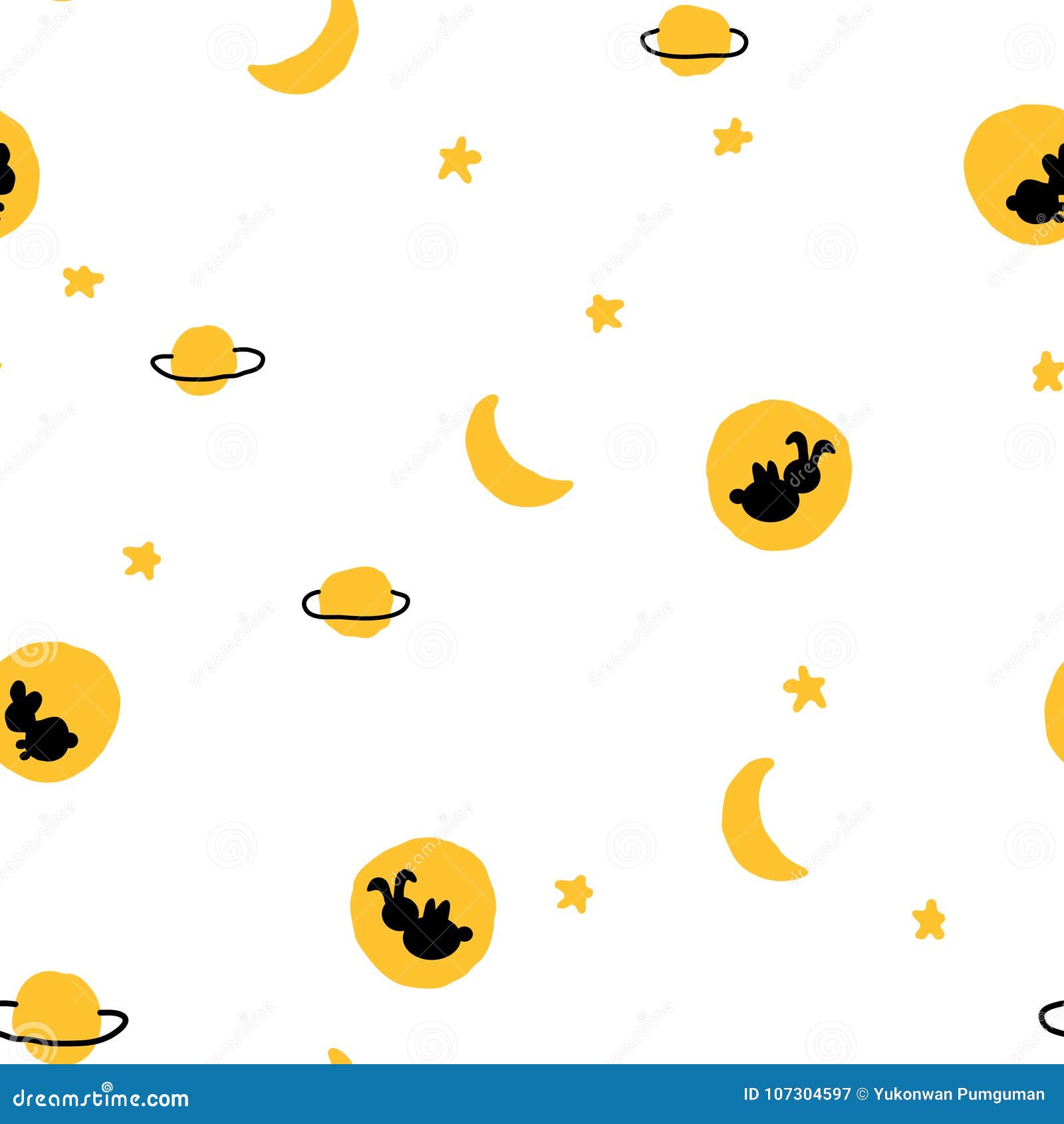 Rabbit on Yellow Moon with Stars Seamless Pattern on White Stock Vector ...