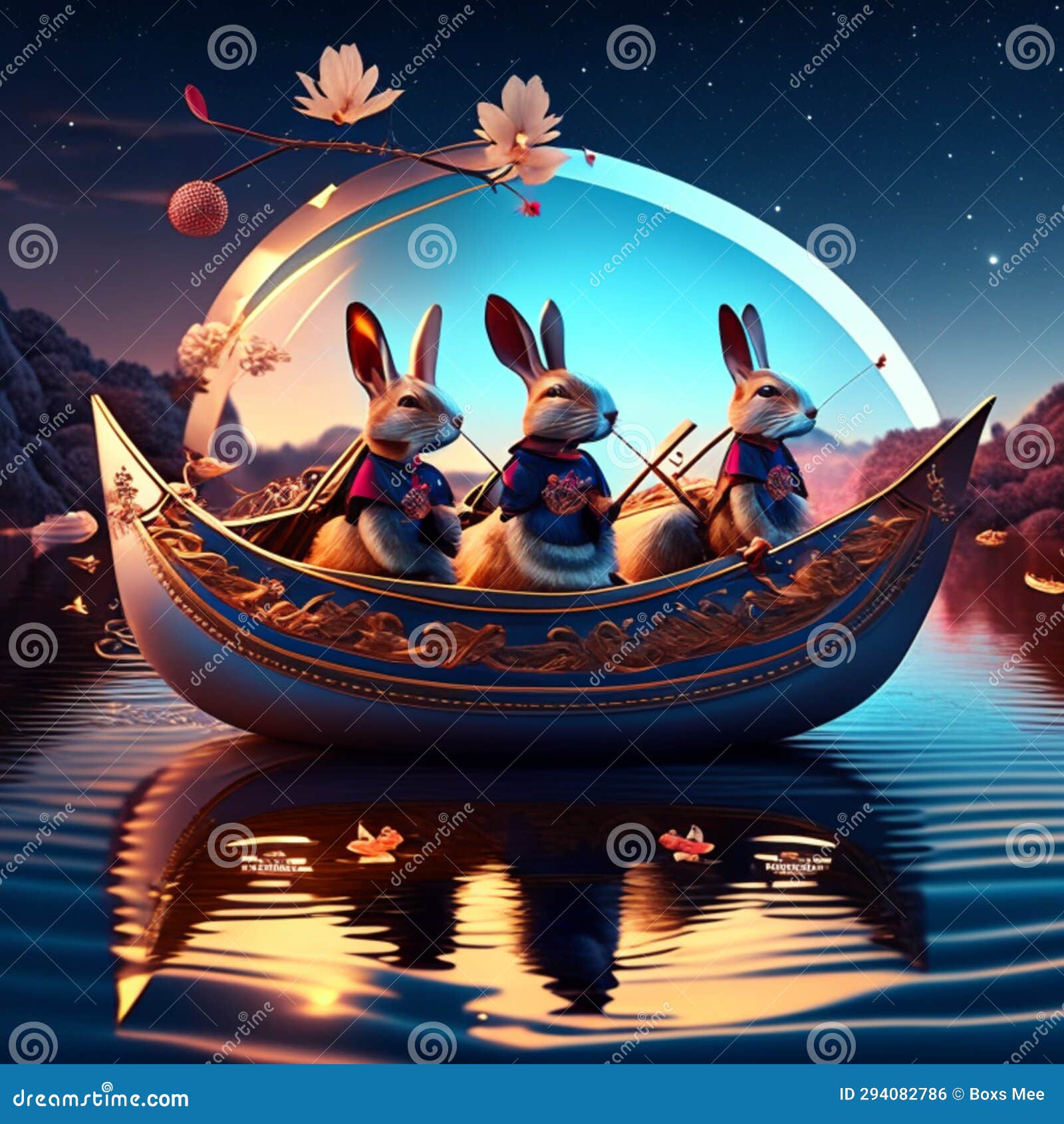 Rabbits in the Boat on the Lake. 3d Illustration AI Generated Stock ...