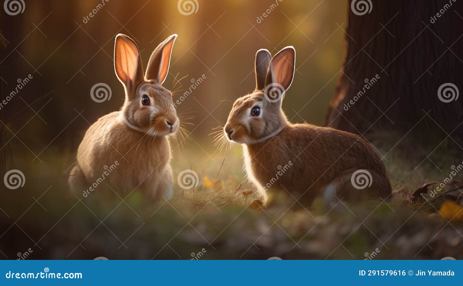 Rabbits in the Forest at Sunset. Beautiful Nature Scene Stock ...