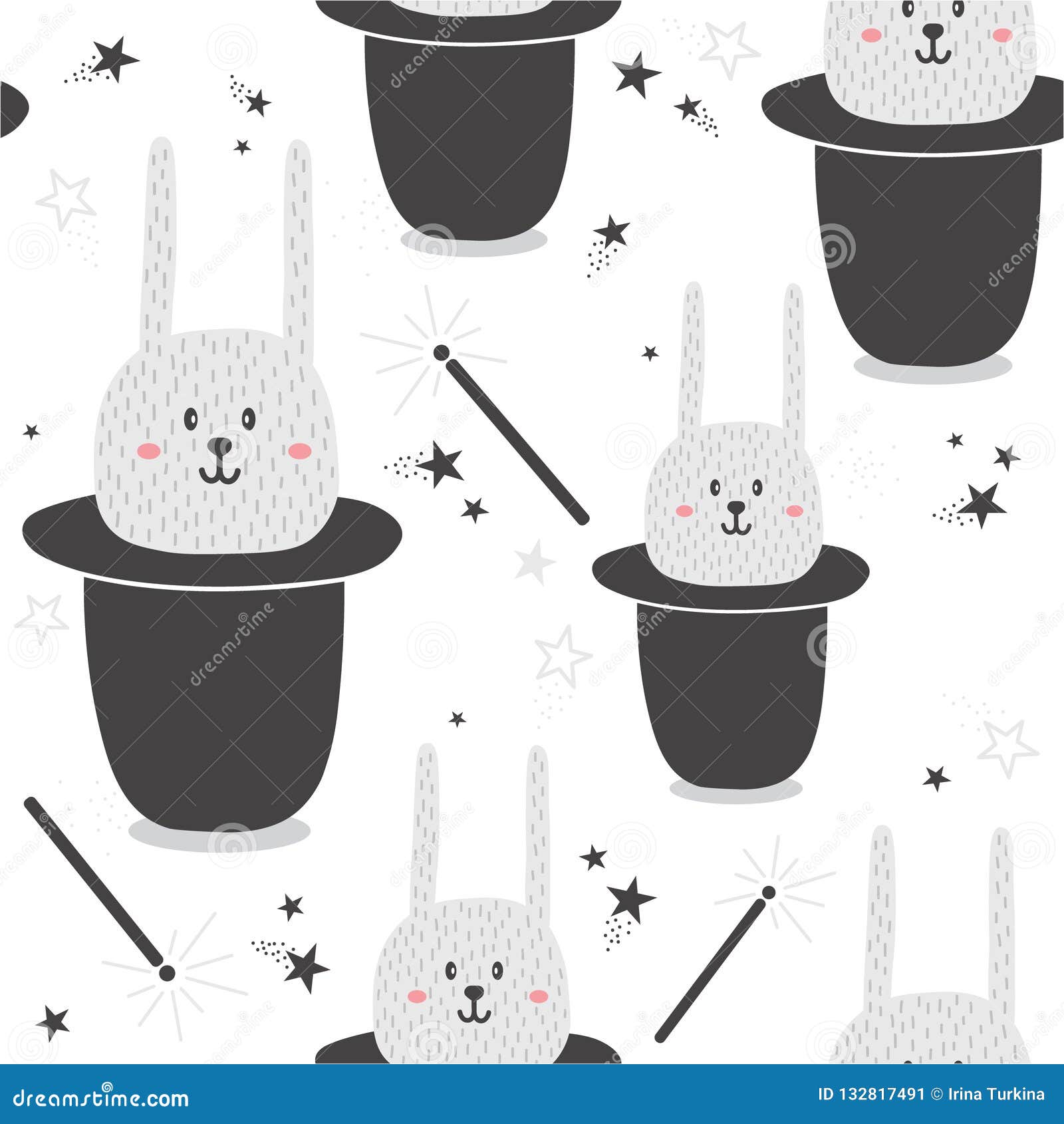 Rabbits in Hats, Magic Wands, Stars, Seamless Pattern Stock Vector ...