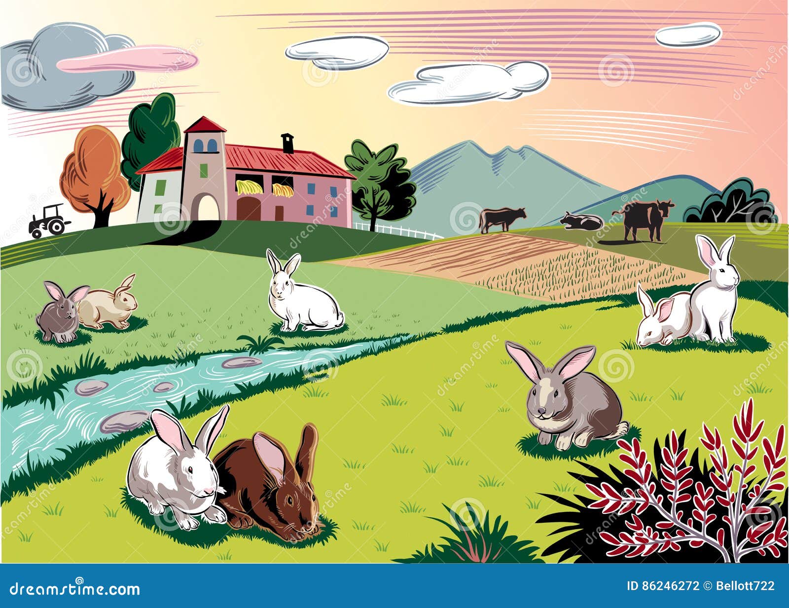 Rabbits in a meadow stock illustration. Illustration of organism - 86246272