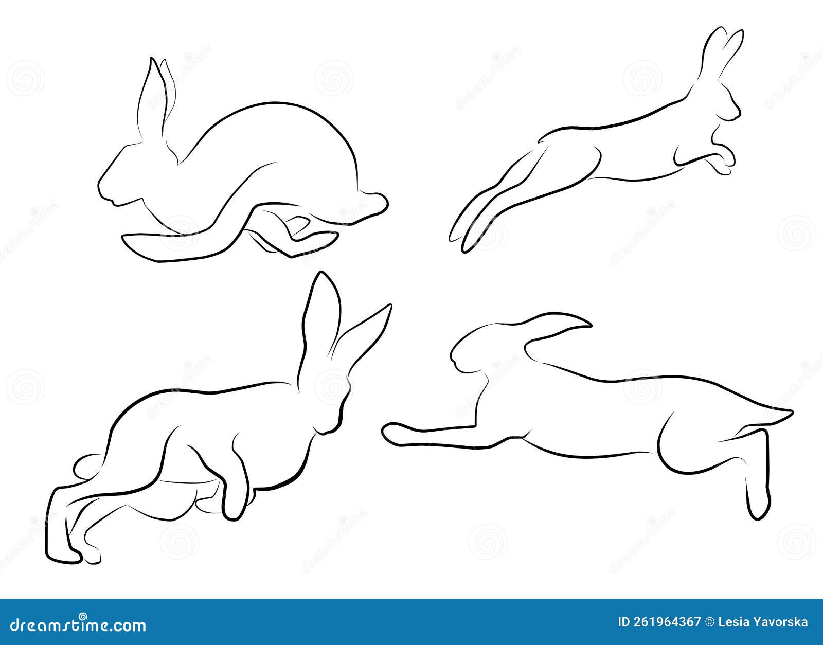 Rabbits in Motion, Different Positions, Contour Drawing, Vector Stock ...