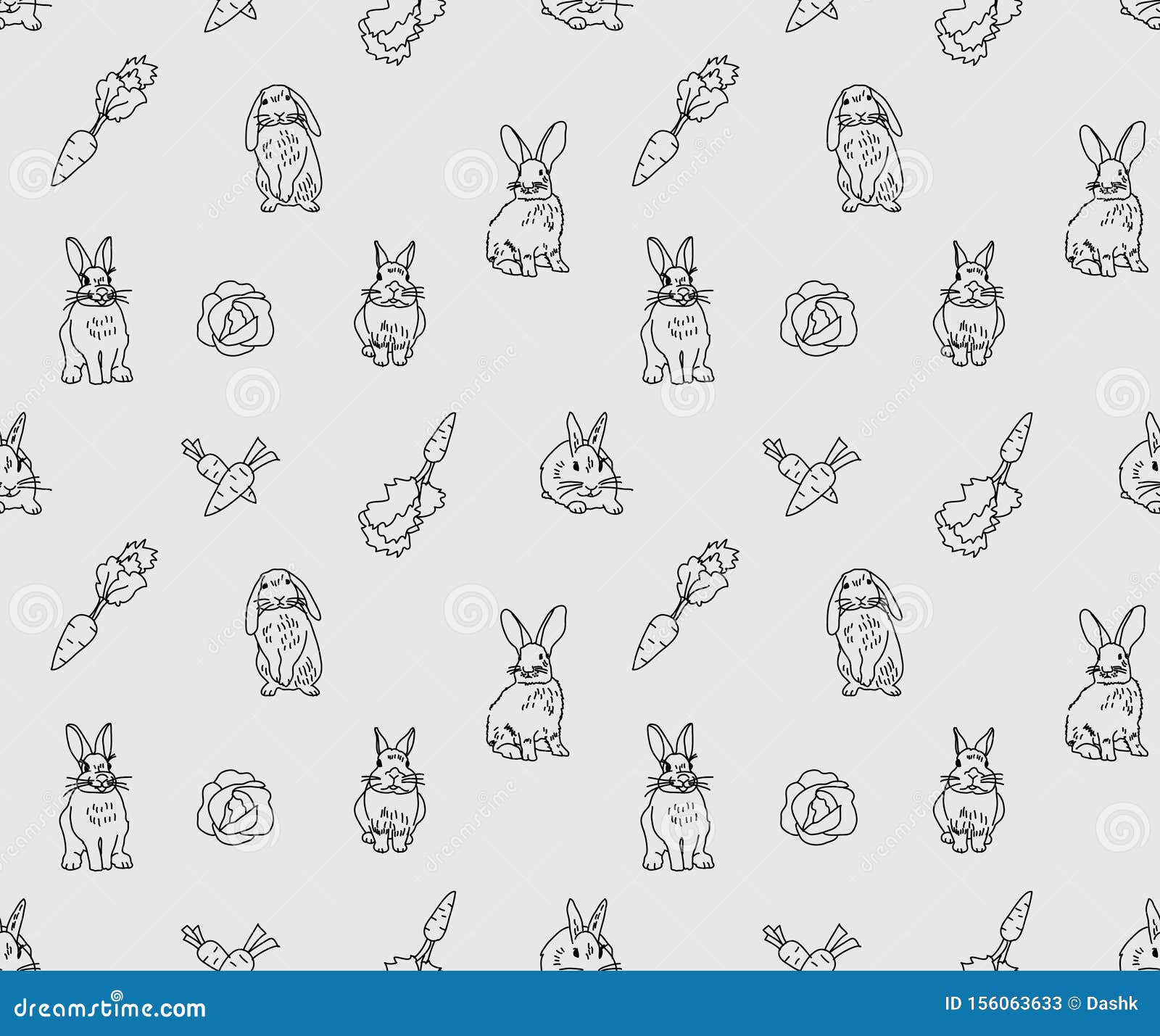Rabbits Pets Animal Cabbage and Carrots Grayscale Lines Seamless ...