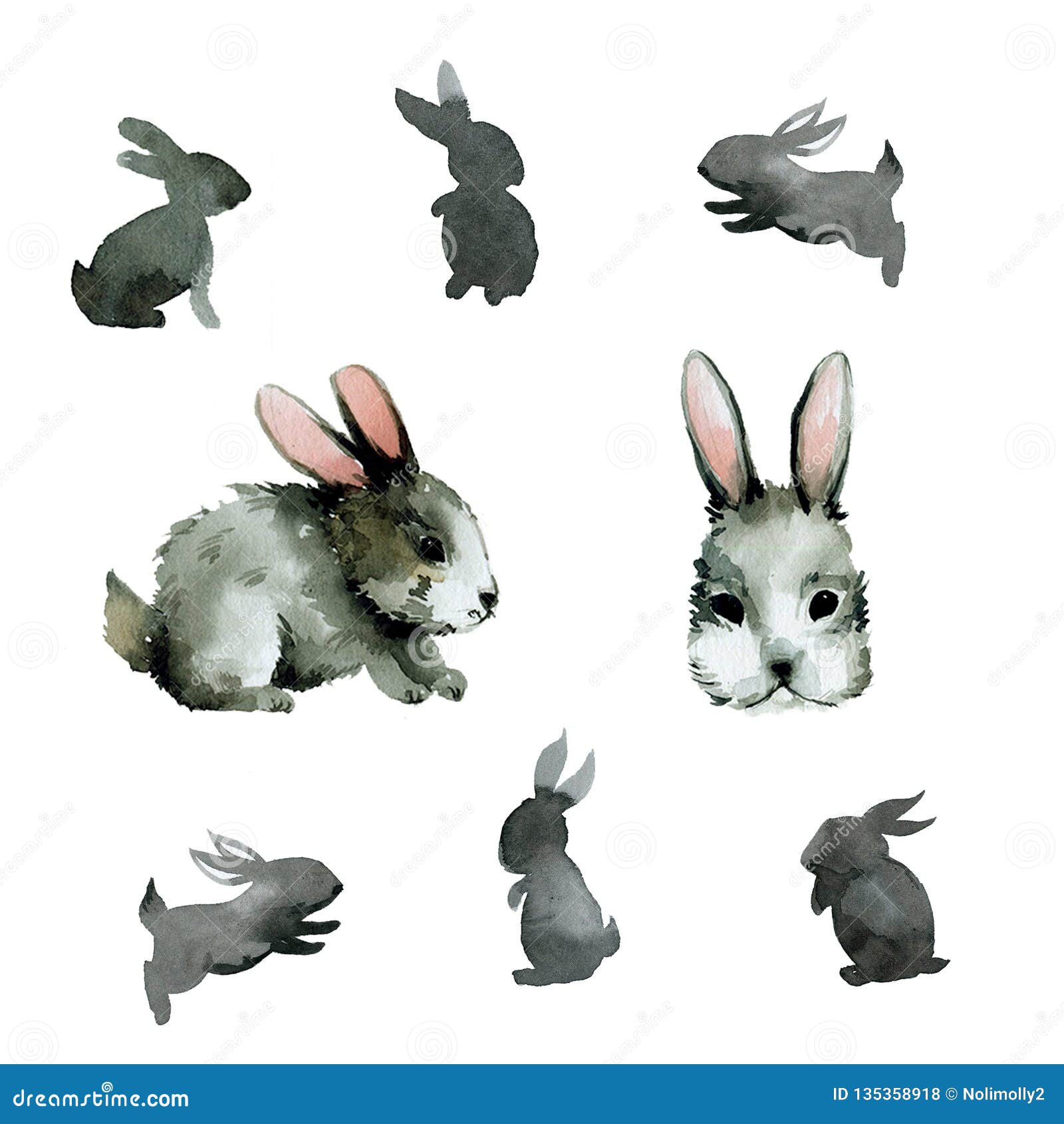 Set of Different Gray Rabbits Watercolor Stock Illustration ...