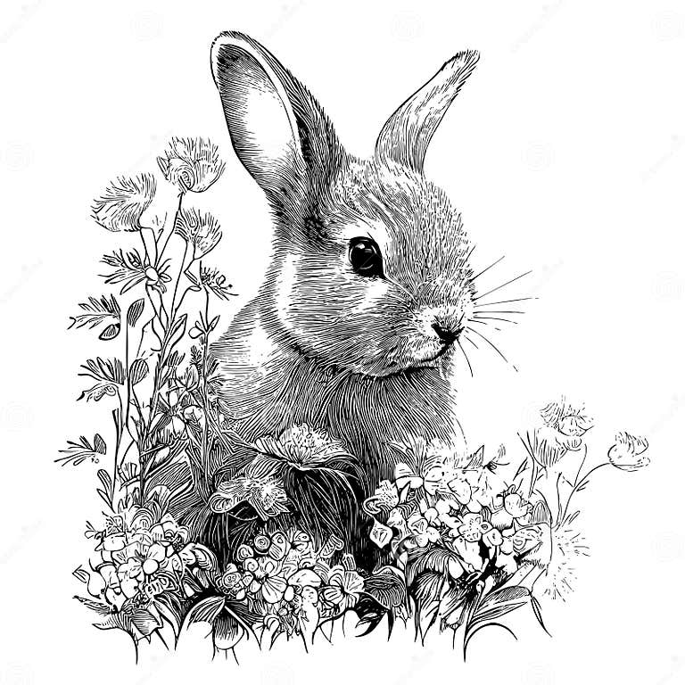 Rabbits Sitting In Flowers Sketch Hand Drawn In Doodle Style Vector