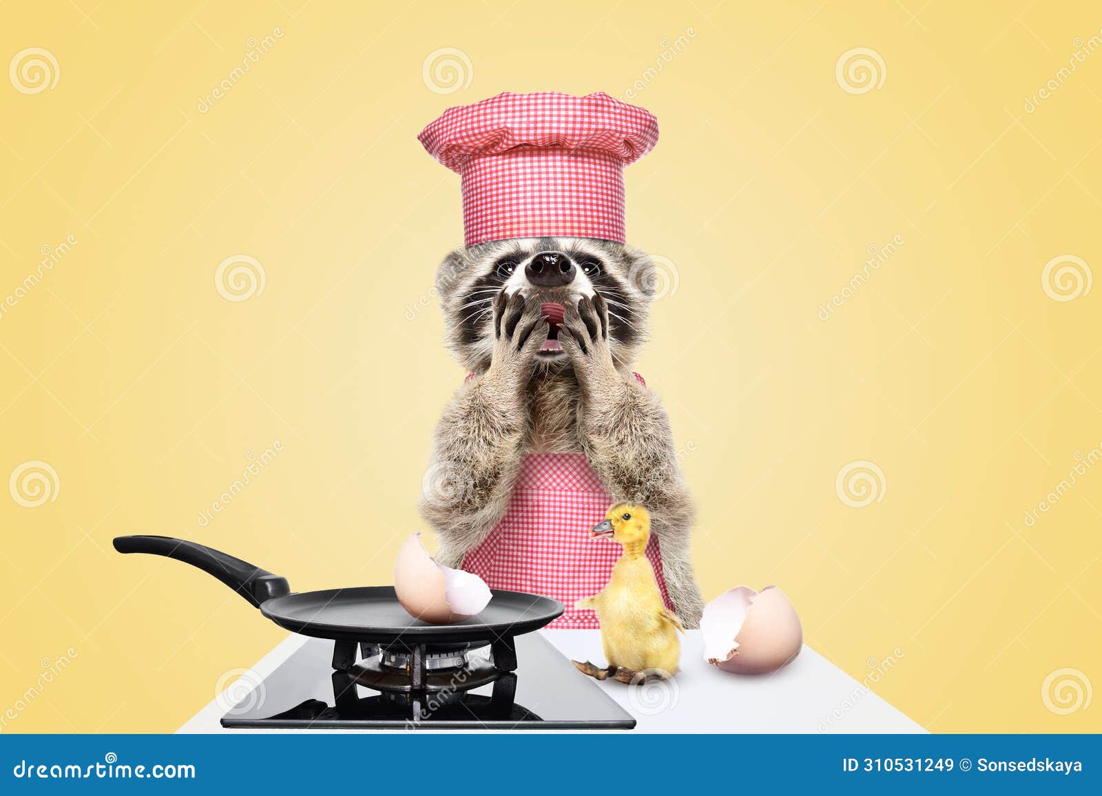 Raccoon Cook Standing in Front of the Kitchen Table on Which Sits a ...