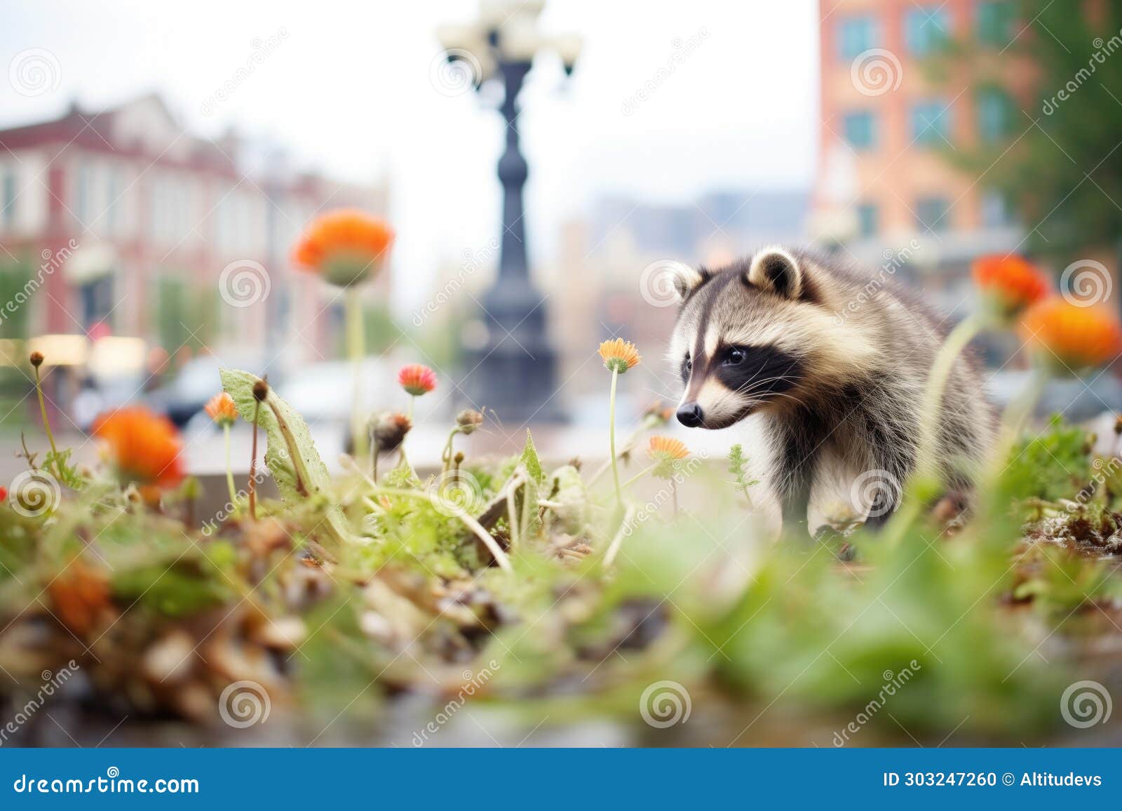 Raccoon Foraging in a Flowerbed in a Public Square Stock Illustration ...