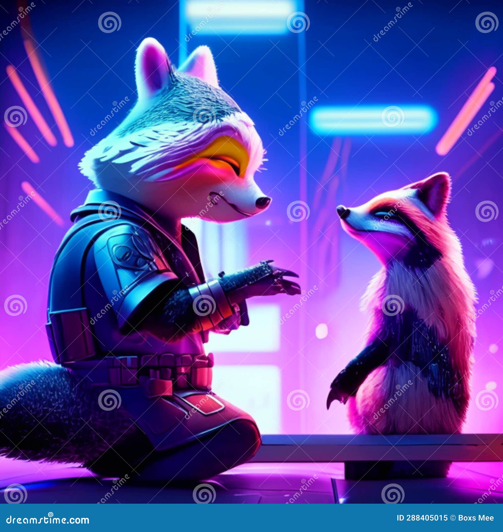 Raccoon and Fox in Neon Light. 3d Illustration Stock Illustration ...