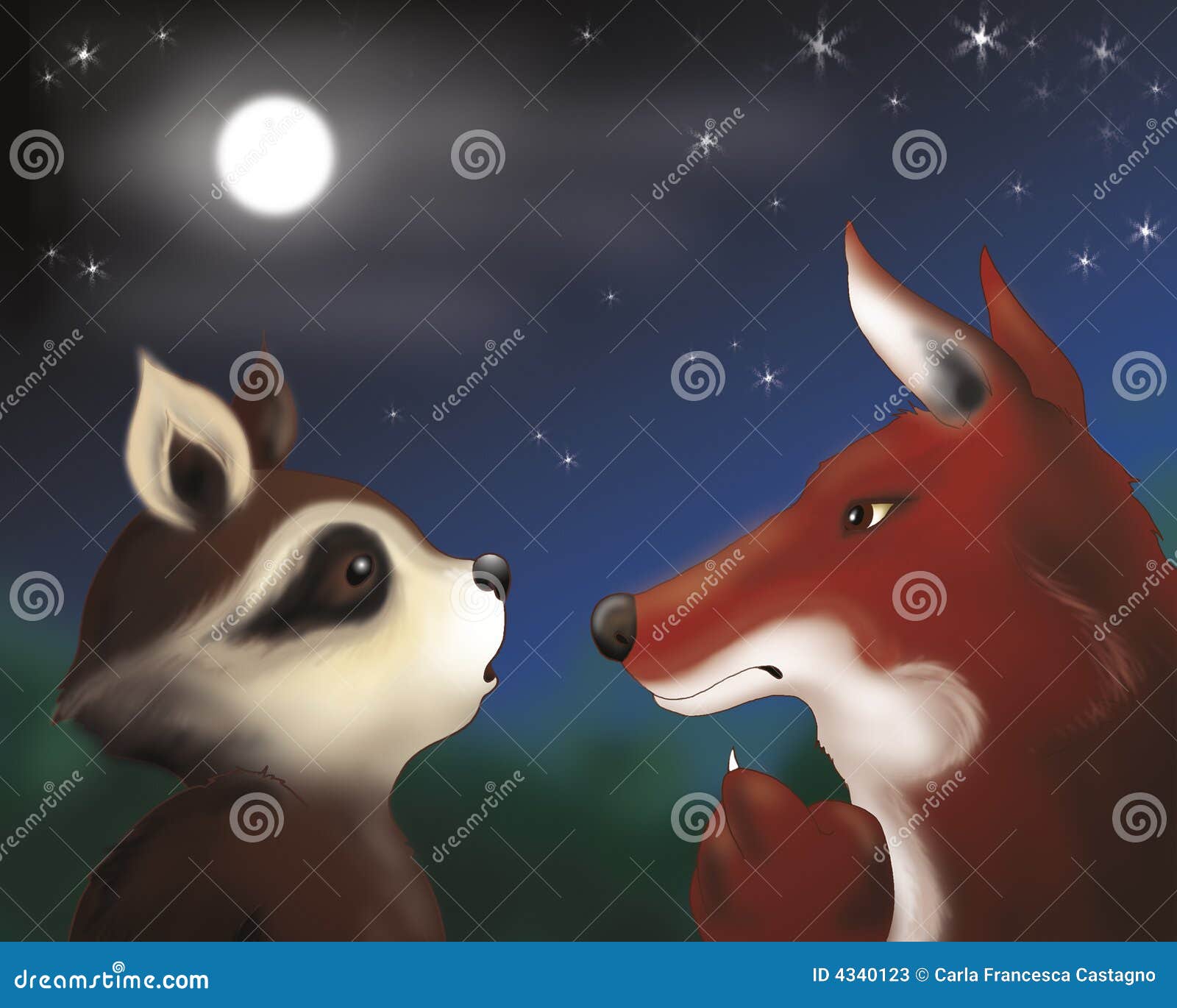 Racoon and fox by night stock illustration. Illustration of raccoon ...
