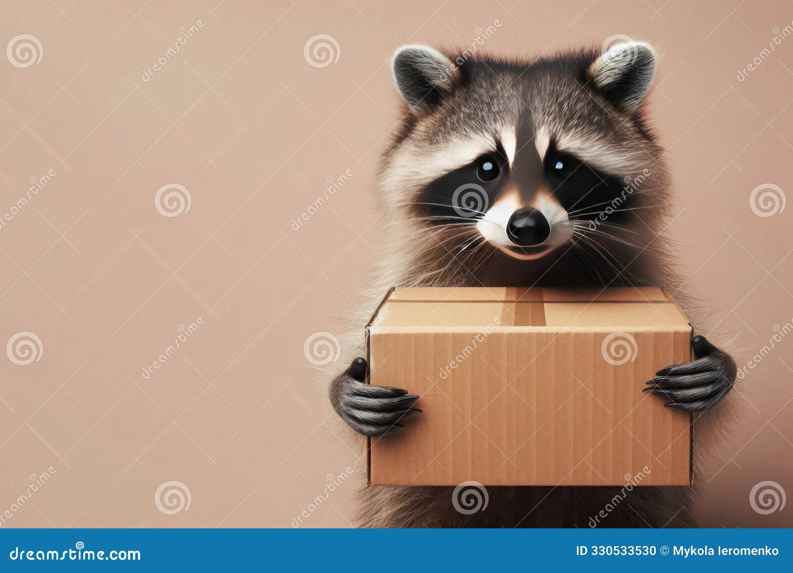 Raccoon Holding a Cardboard Box. Space for Text. Stock Photo - Image of ...