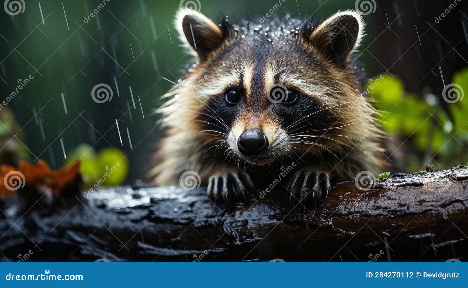 A Raccoon on a Log in the Rain. Generative AI. Stock Photo - Image of ...