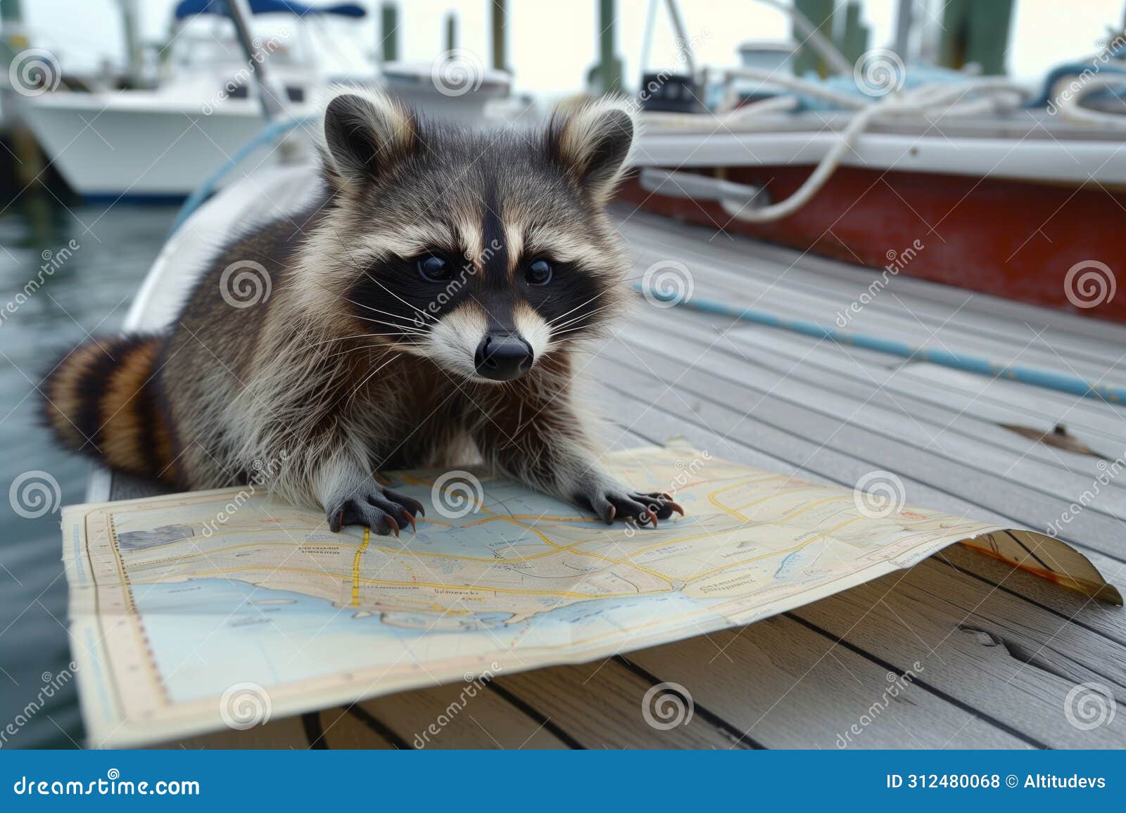 Raccoon with a Map on Boat Deck, Navigating the Sea Stock Photo - Image ...