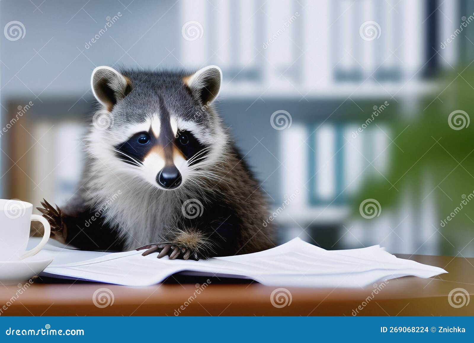 Raccoon In Office Environment, Surrounded By Precise Filing System ...