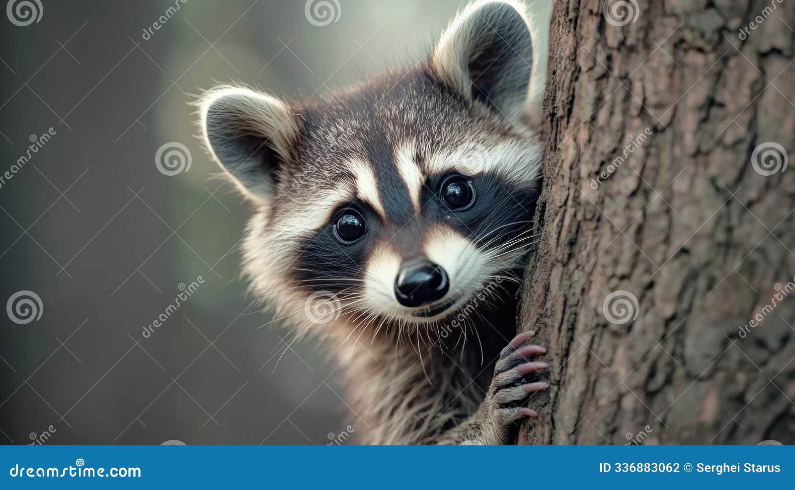 A Raccoon Peeking Out from Behind a Tree Trunk, AI Stock Photo - Image ...