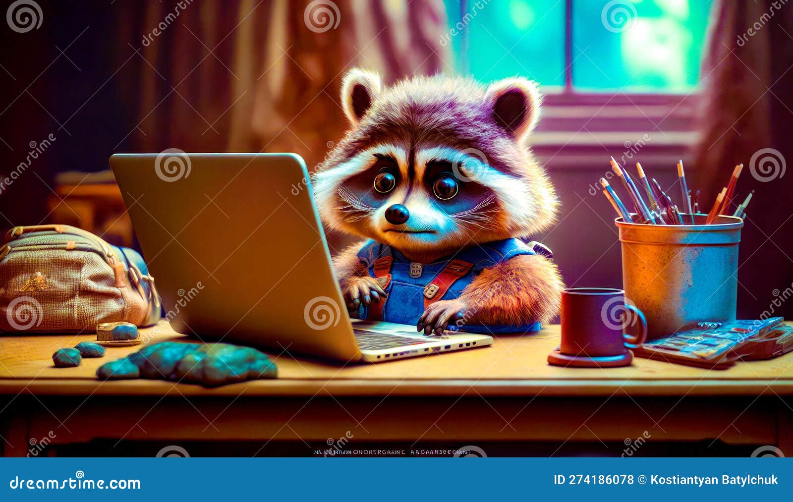 Raccoon Sitting in Front of Laptop Computer. Generative AI Stock ...