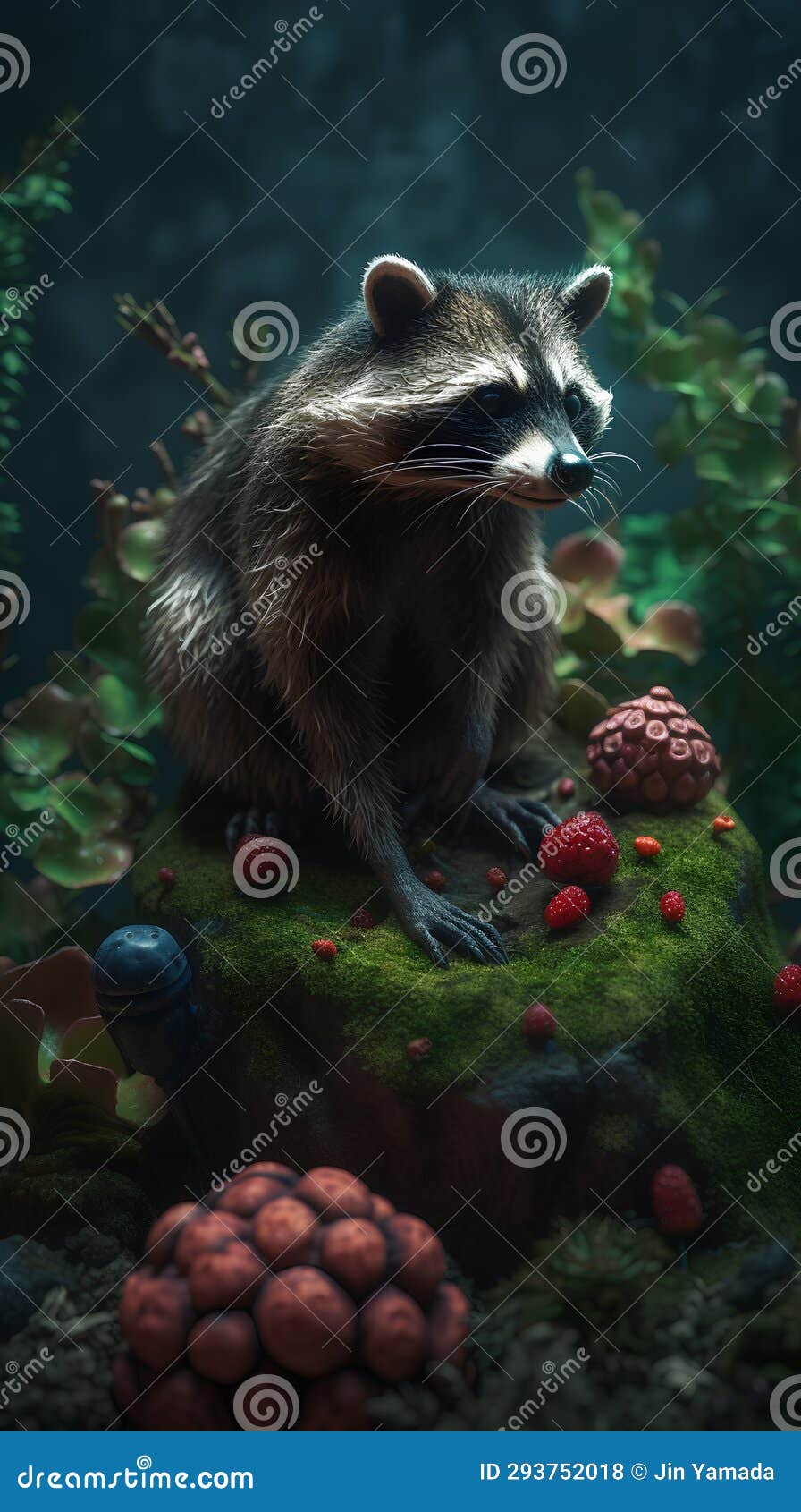 Raccoon Sitting on a Rock in the Forest. 3d Rendering Stock ...