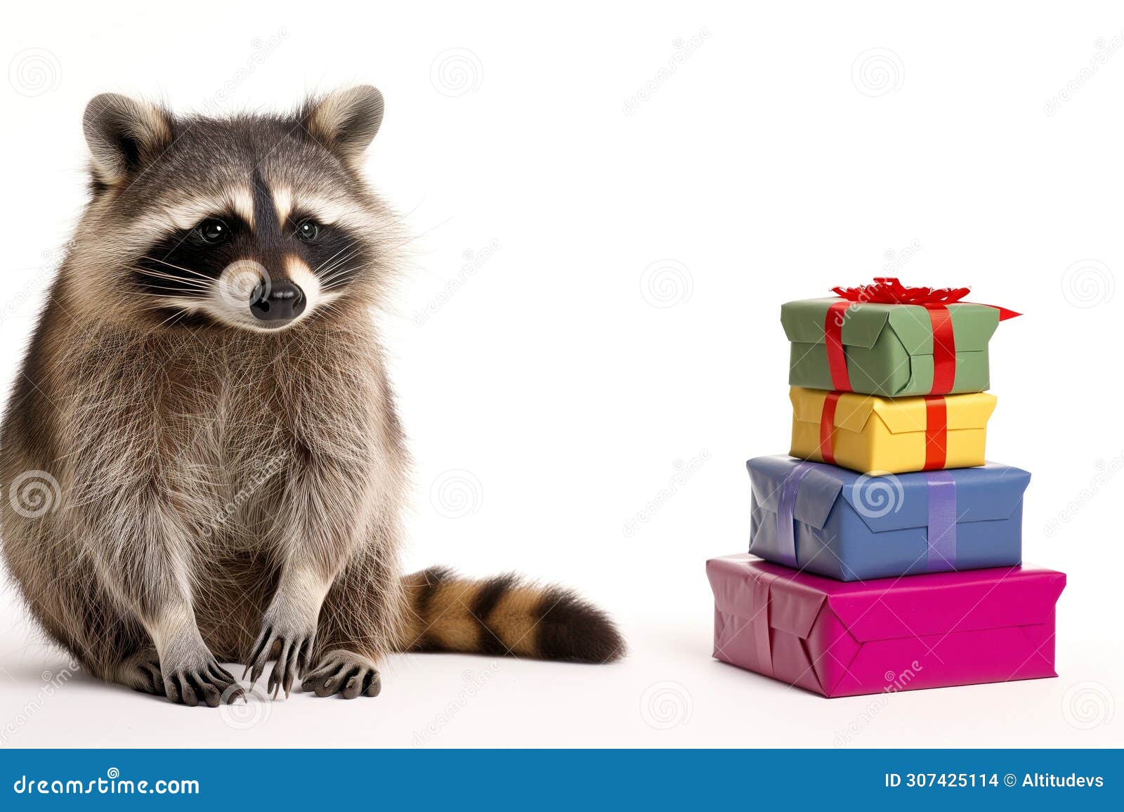 Raccoon Sitting with a Stack of Colorful Gift Boxes beside it Stock ...