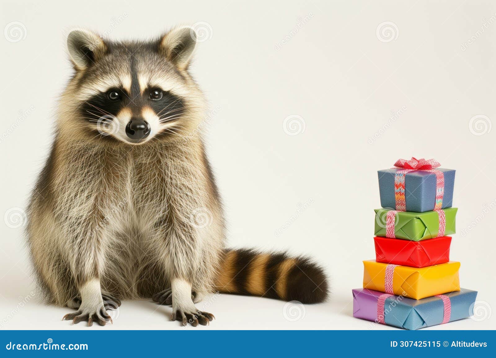 Raccoon Sitting with a Stack of Colorful Gift Boxes beside it Stock ...