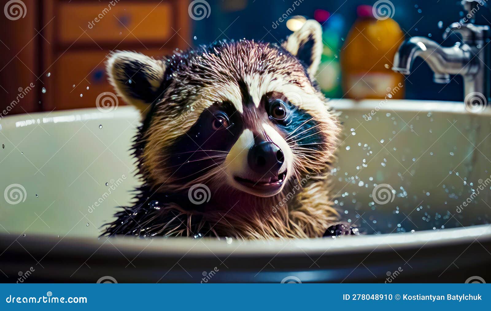 Raccoon Taking Bath in Sink with Bubbles of Water. Generative AI Stock ...