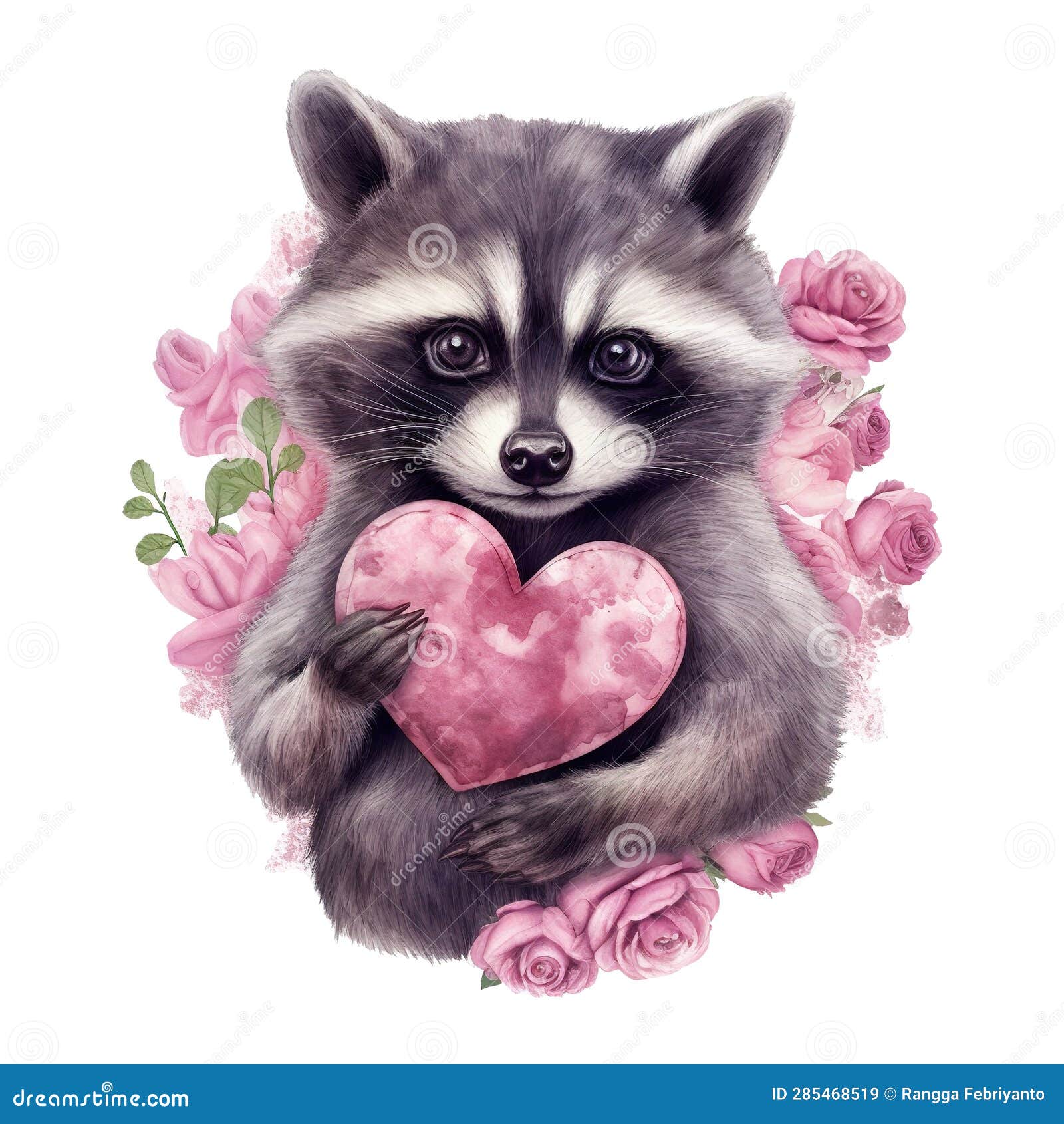 Raccoon with Wreath Pink Floral Stock Illustration - Illustration of ...