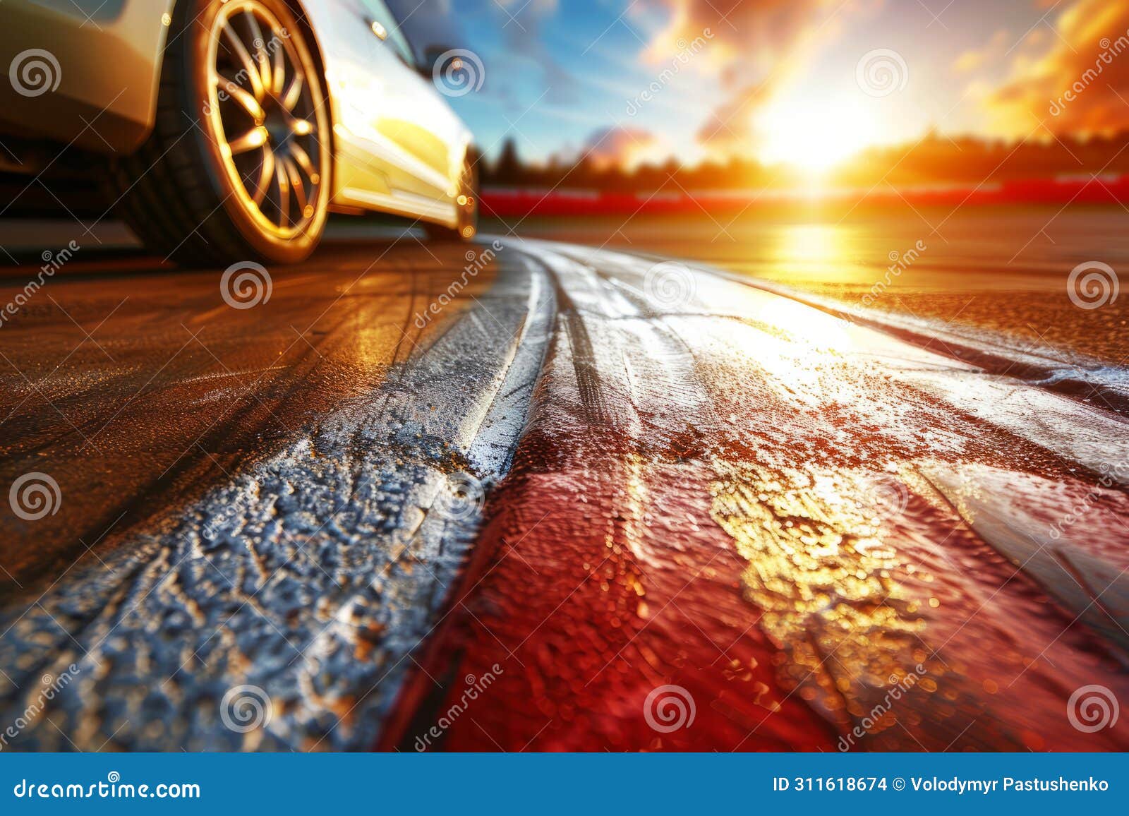 Race Car Driving on Track at Sunset Stock Photo - Image of curb, park ...