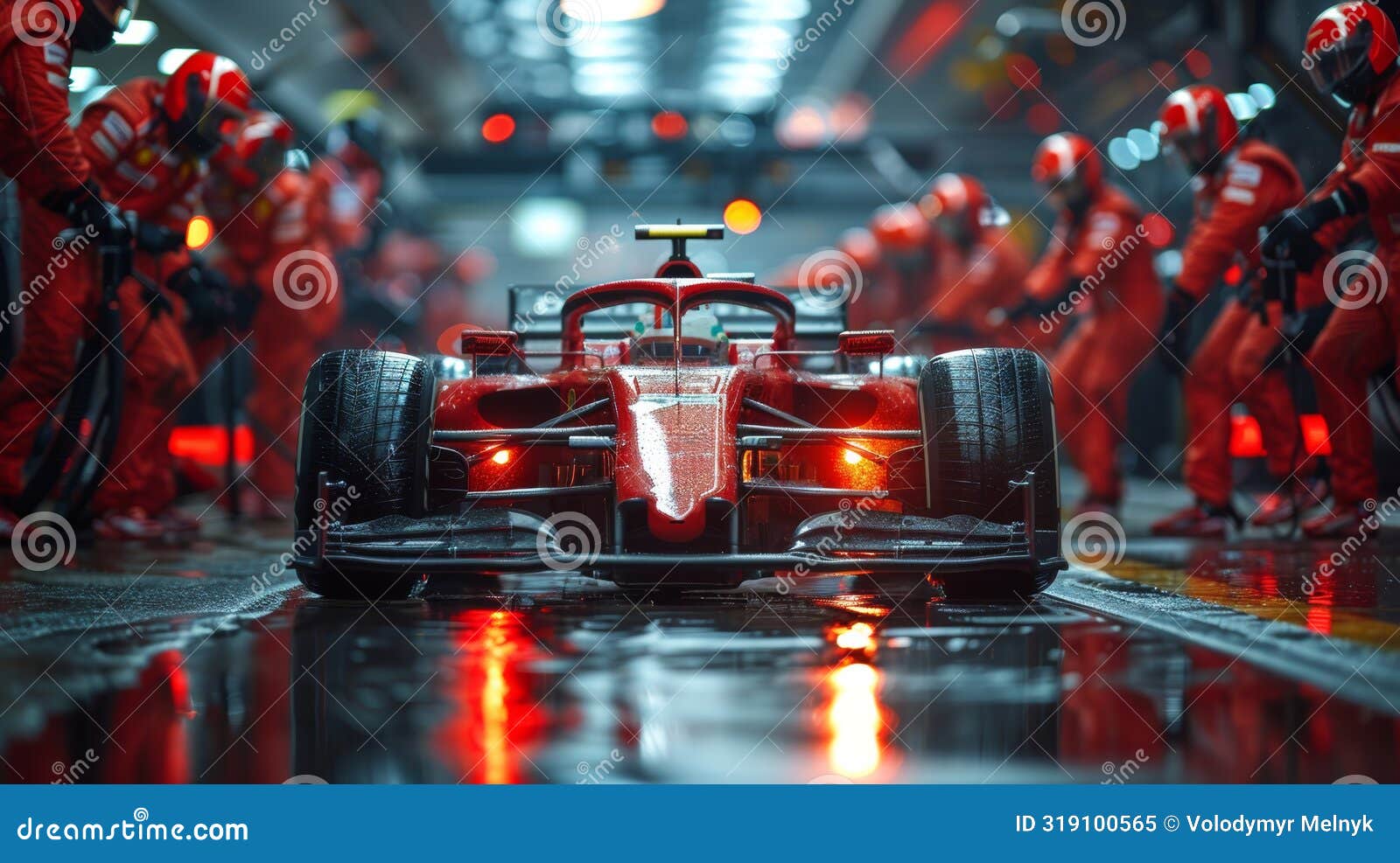 Race Car Pulls into Pit Lane on Wet Track, Surrounded by Focused Pit ...