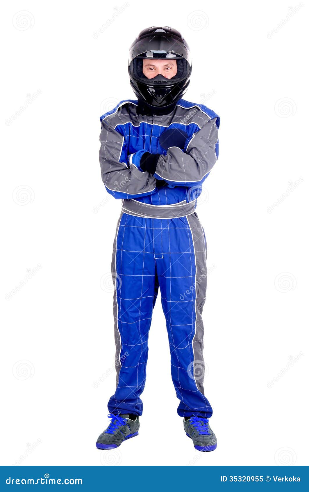 Race Driver In Blue Overall With Helmet Taining On Simracing Aluminum ...