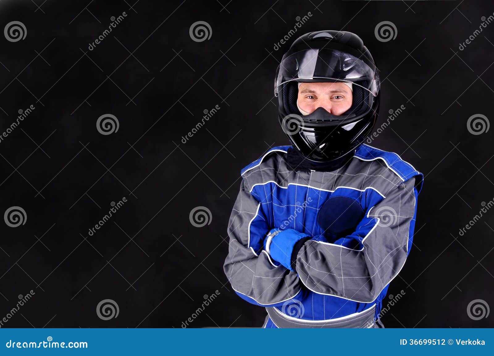 Race Driver In Blue Overall With Helmet Training On Simracing Aluminum ...