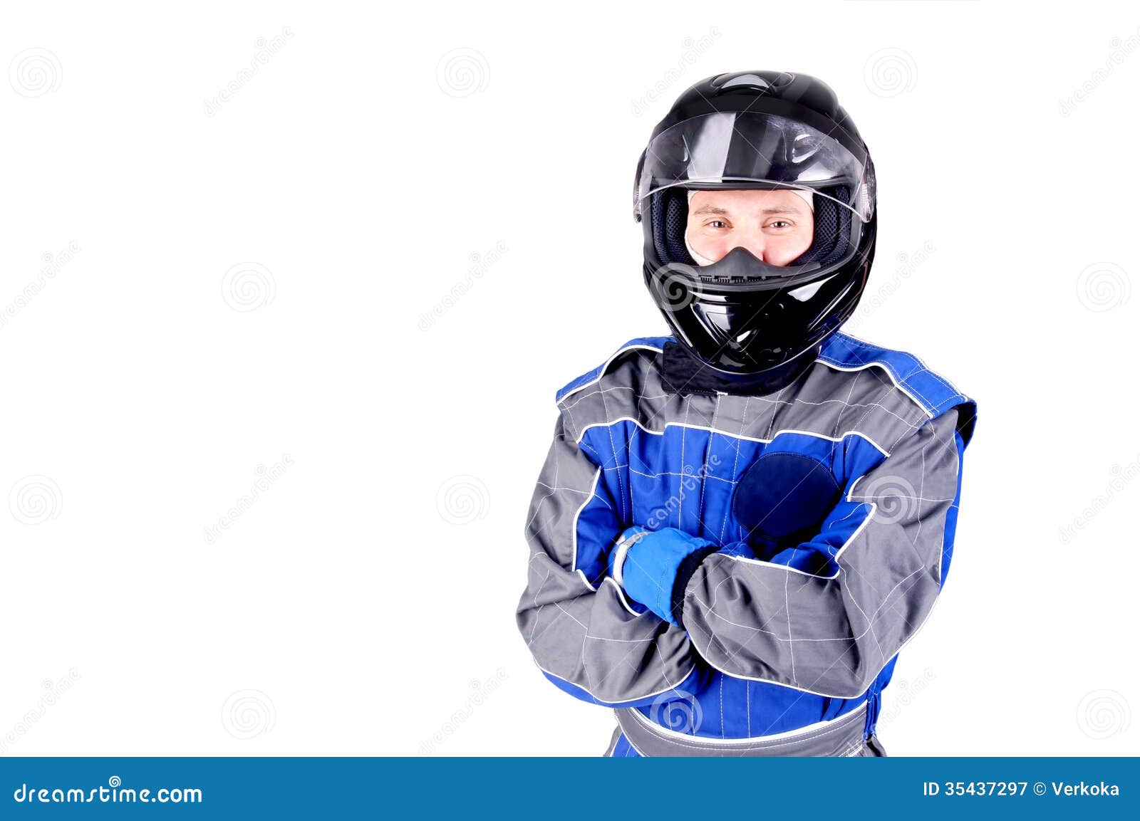 Race Driver In Blue Overall With Helmet Training On Simracing Aluminum ...