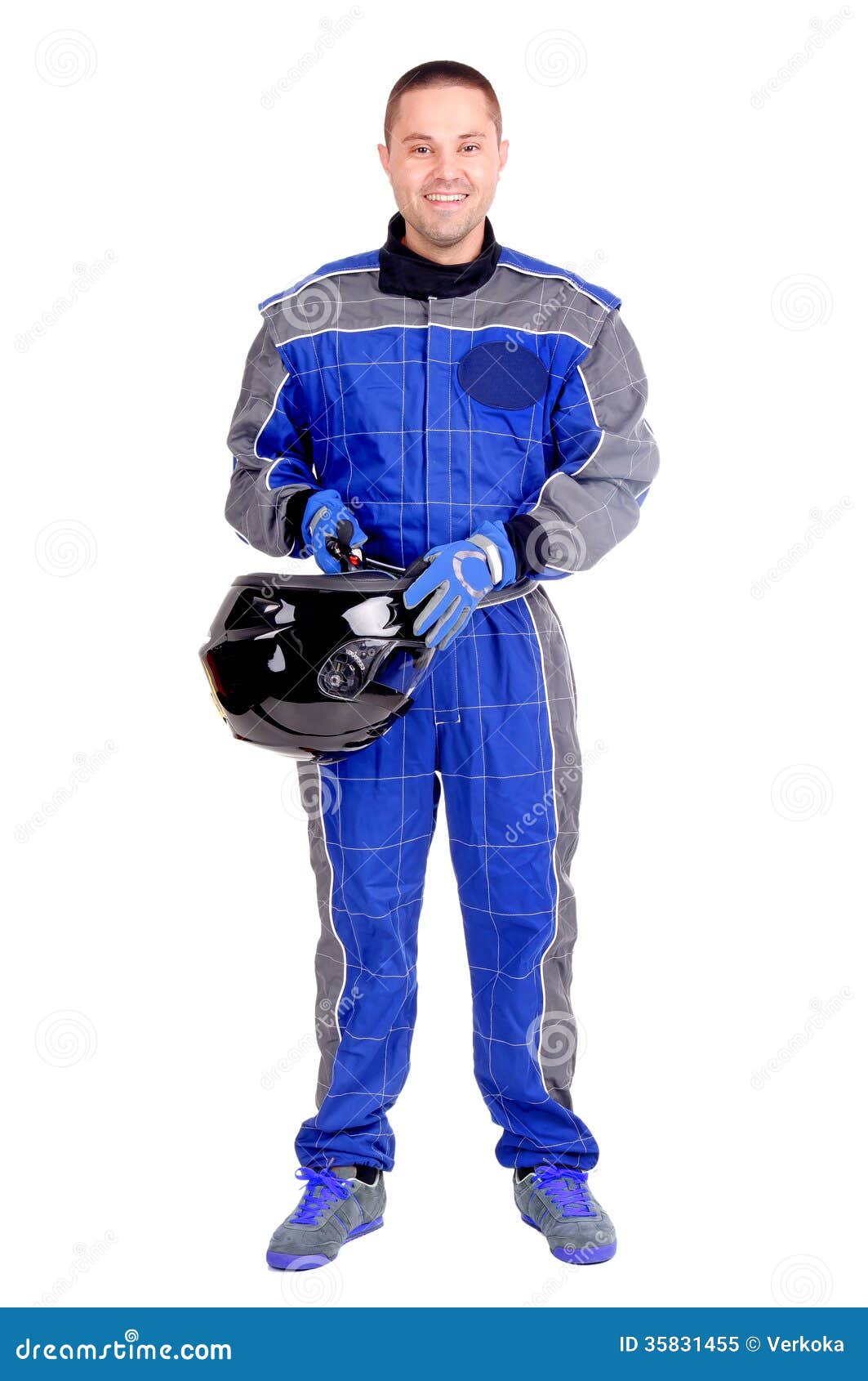 Race Driver In Blue Overall With Helmet Training On Simracing Aluminum ...