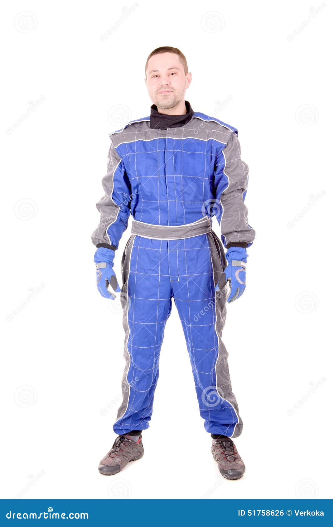 Race Driver In Blue Overall With Helmet Training On Simracing Aluminum ...