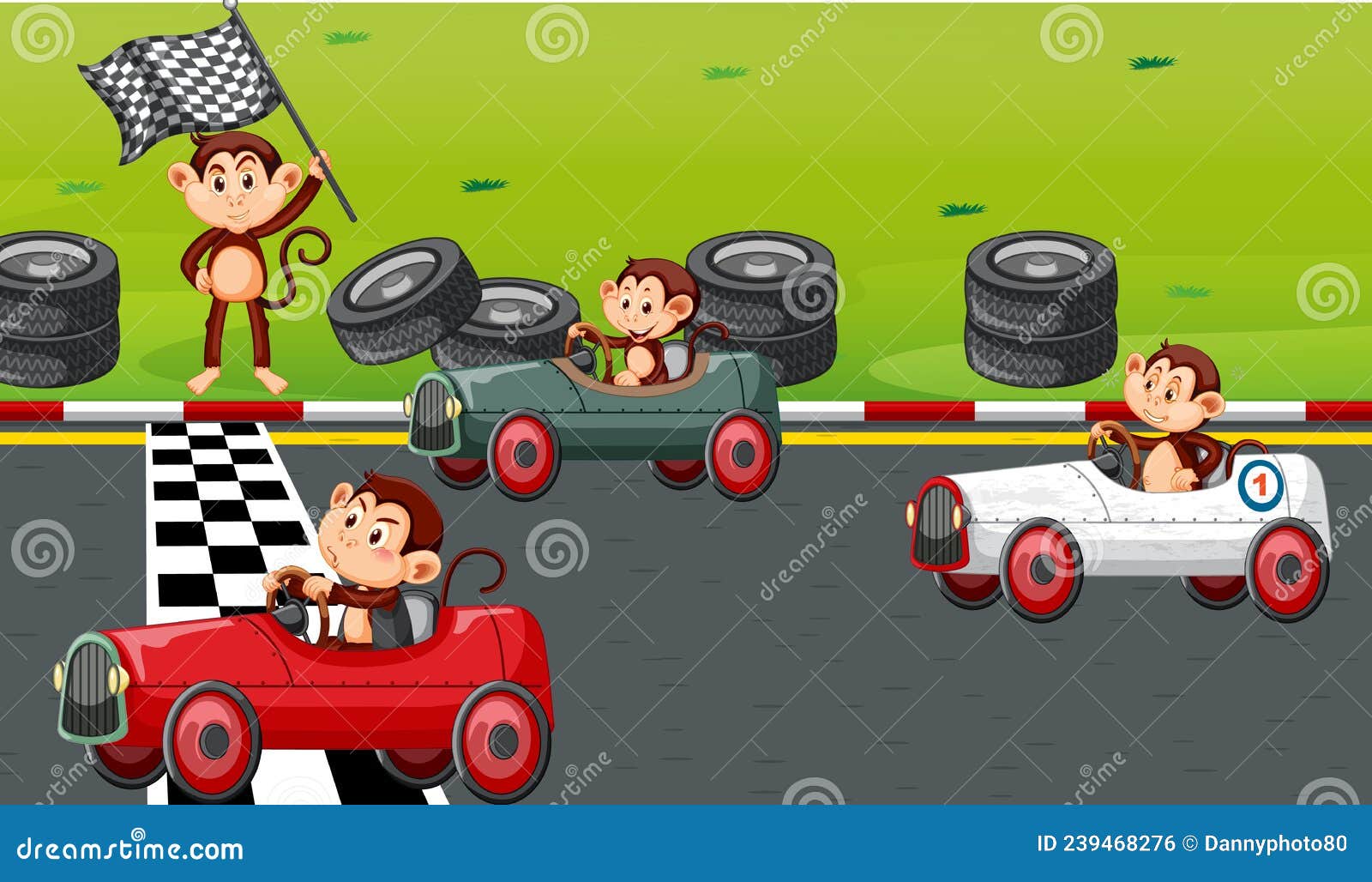 Race Track Scene with Monkey Racing Drivers Stock Vector - Illustration ...