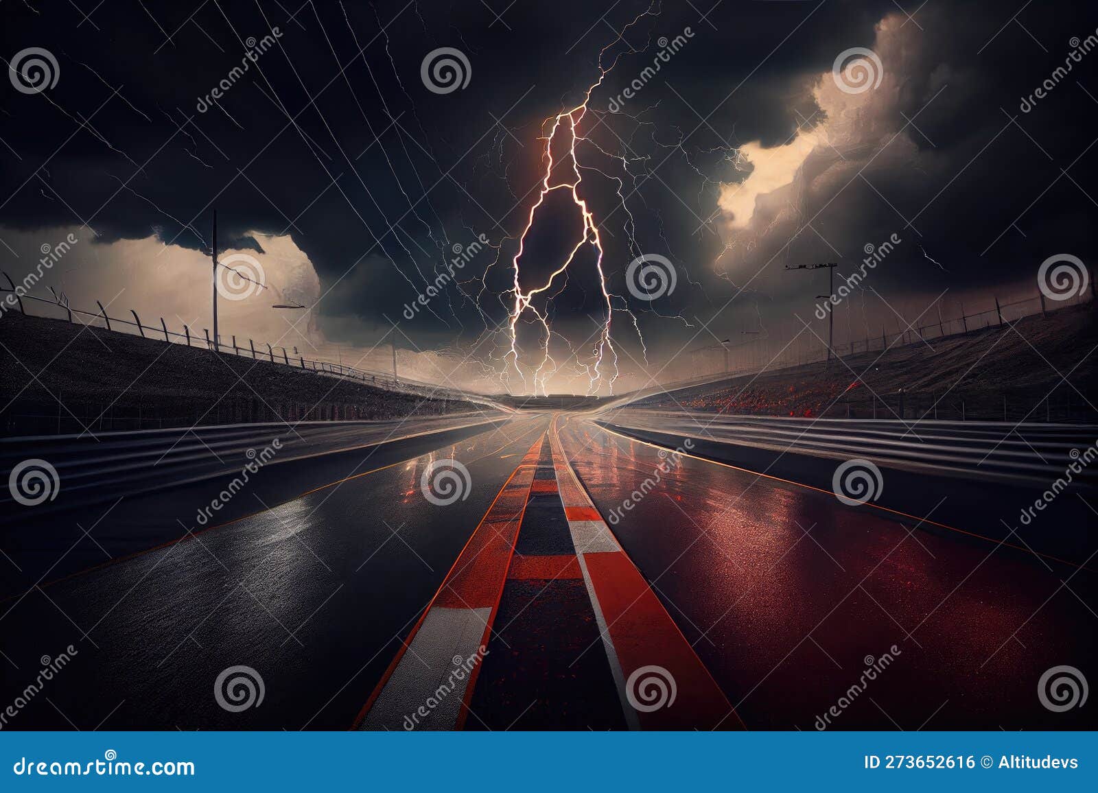 Race Track during a Thunderstorm, with Lightning and Rain Adding an ...