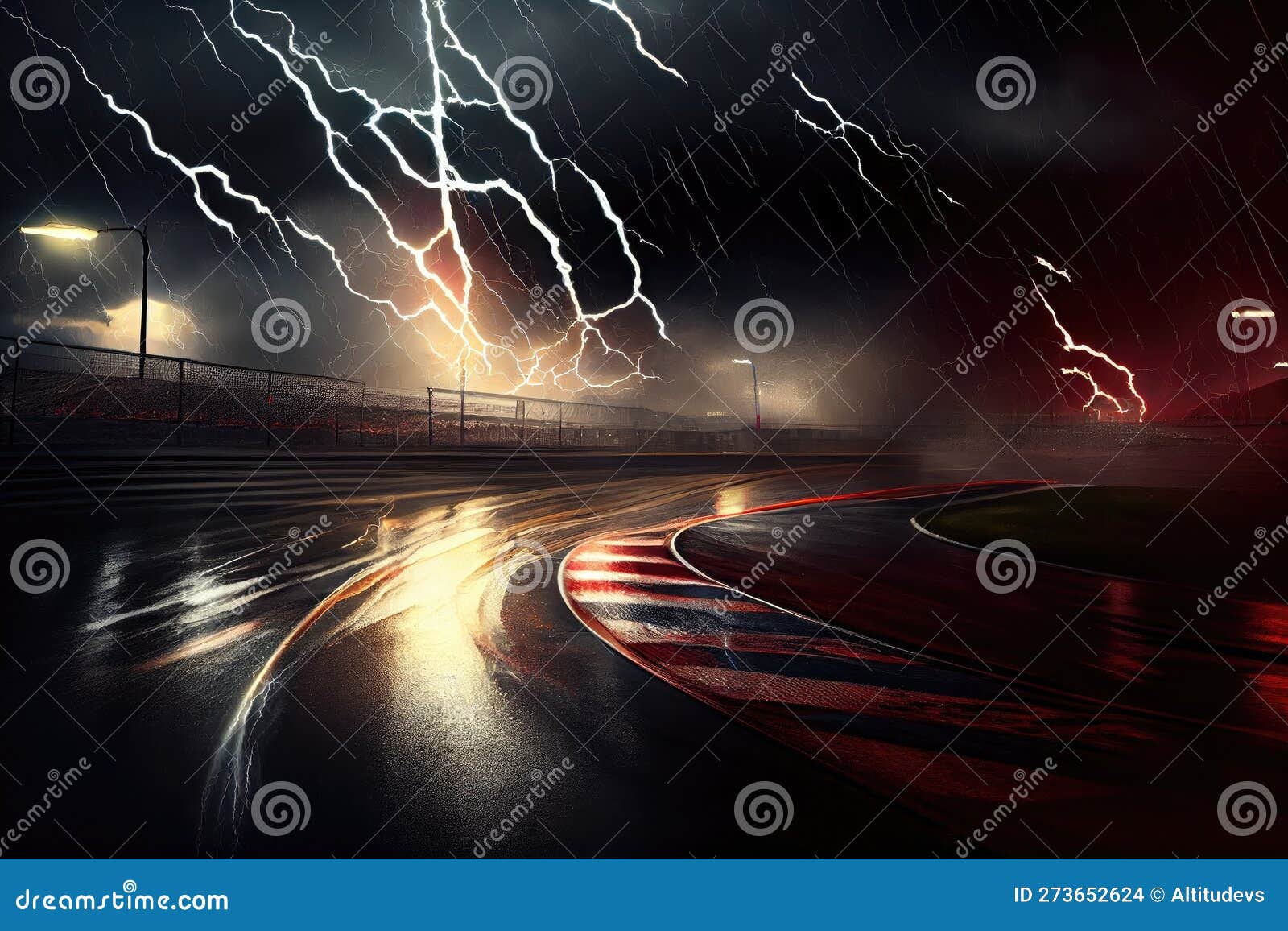Race Track during a Thunderstorm, with Lightning and Rain Adding an ...