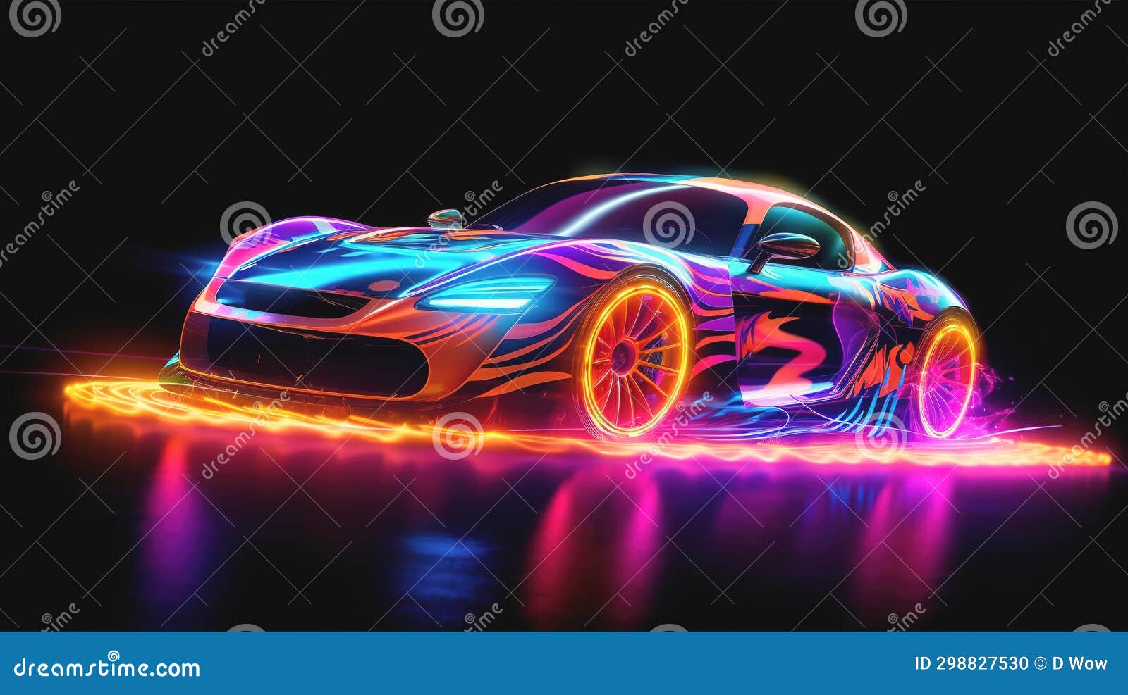 Racing Car in a Bright Neon Style on a Dark Background. Stock ...