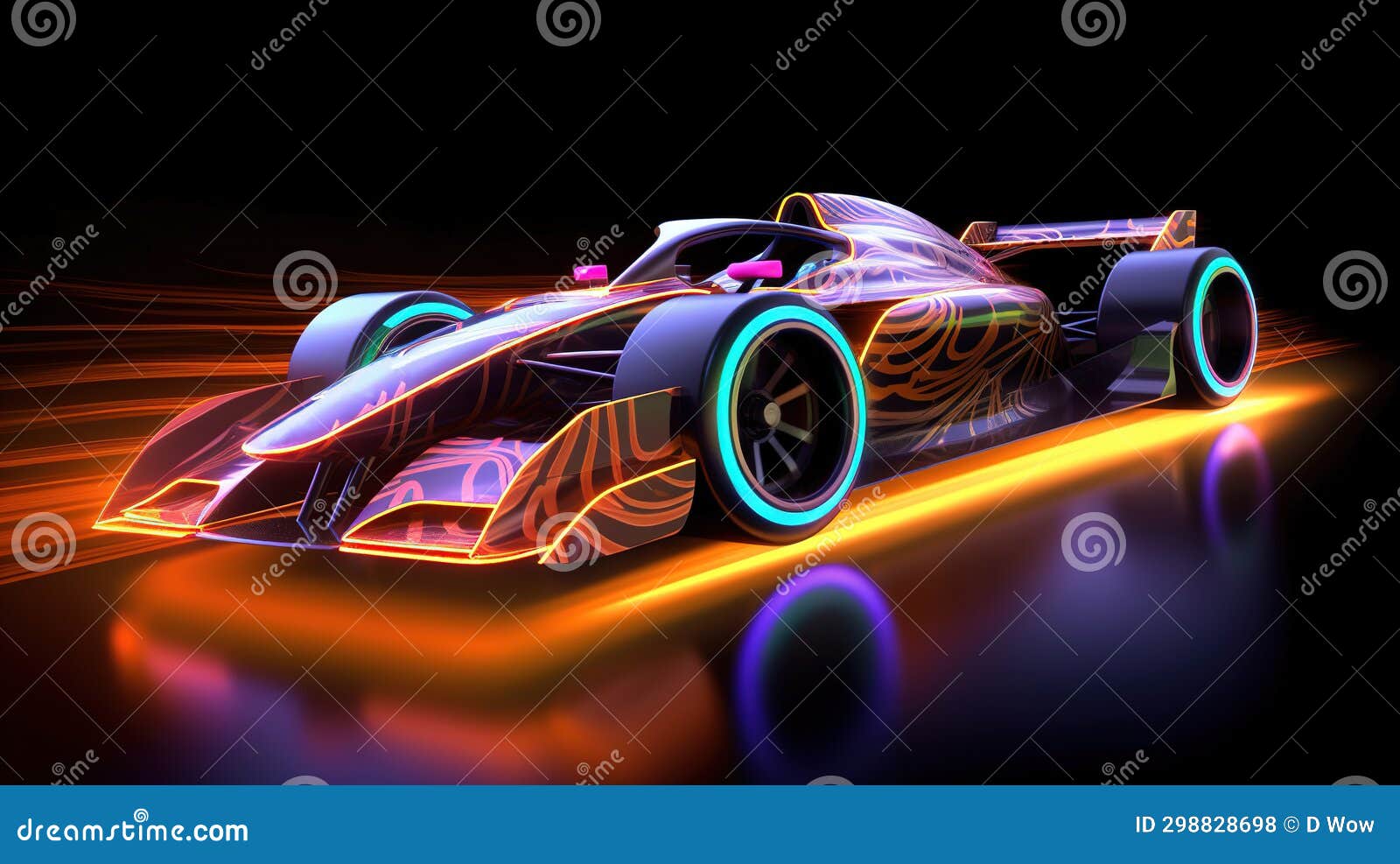 Racing Car in a Bright Neon Style on a Dark Background. Stock ...