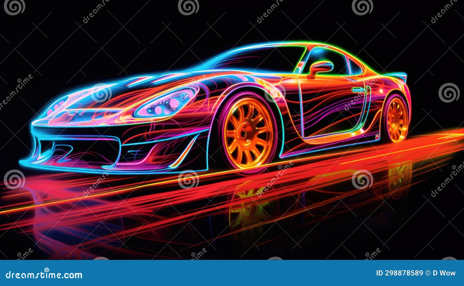 Racing Car in a Bright Neon Style on a Dark Background. Stock Image ...