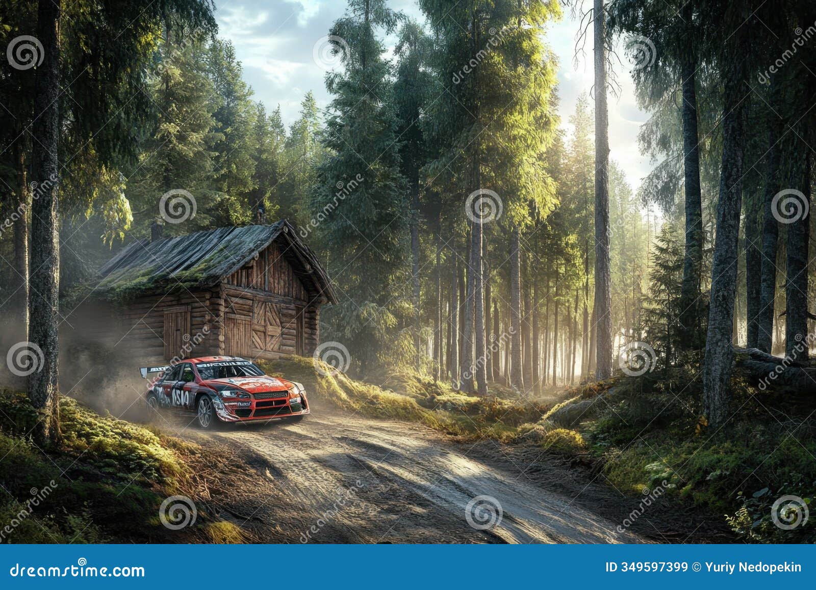Racing Car Drives through Forest Road beside Rustic Cabin during ...